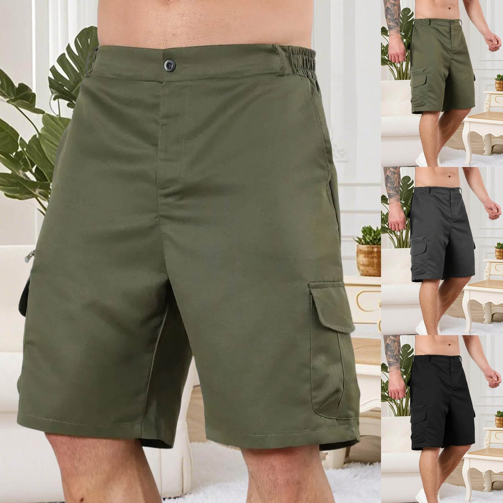 FNFYFH Mens Twill Cargo Shorts Elastic Waist Hiking Shorts Stretch Work ...
