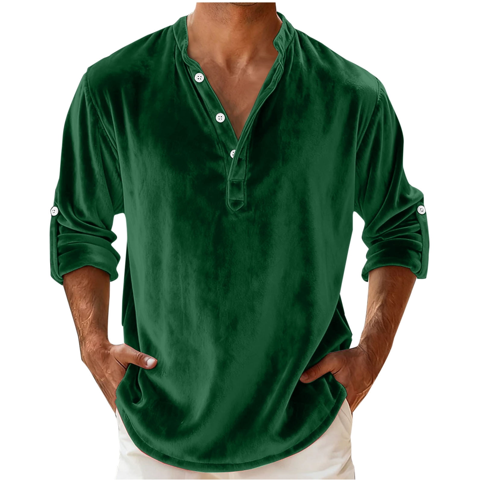 FNFYFH Mens Velvet Henley Shirt Long Roll-Up Sleeve T-Shirts Soft ...