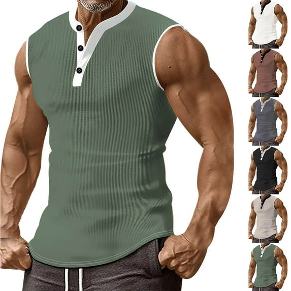 FNFYFH Mens Waffle Tank Tops Summer Sleeveless Henley Shirt Workout Gym ...