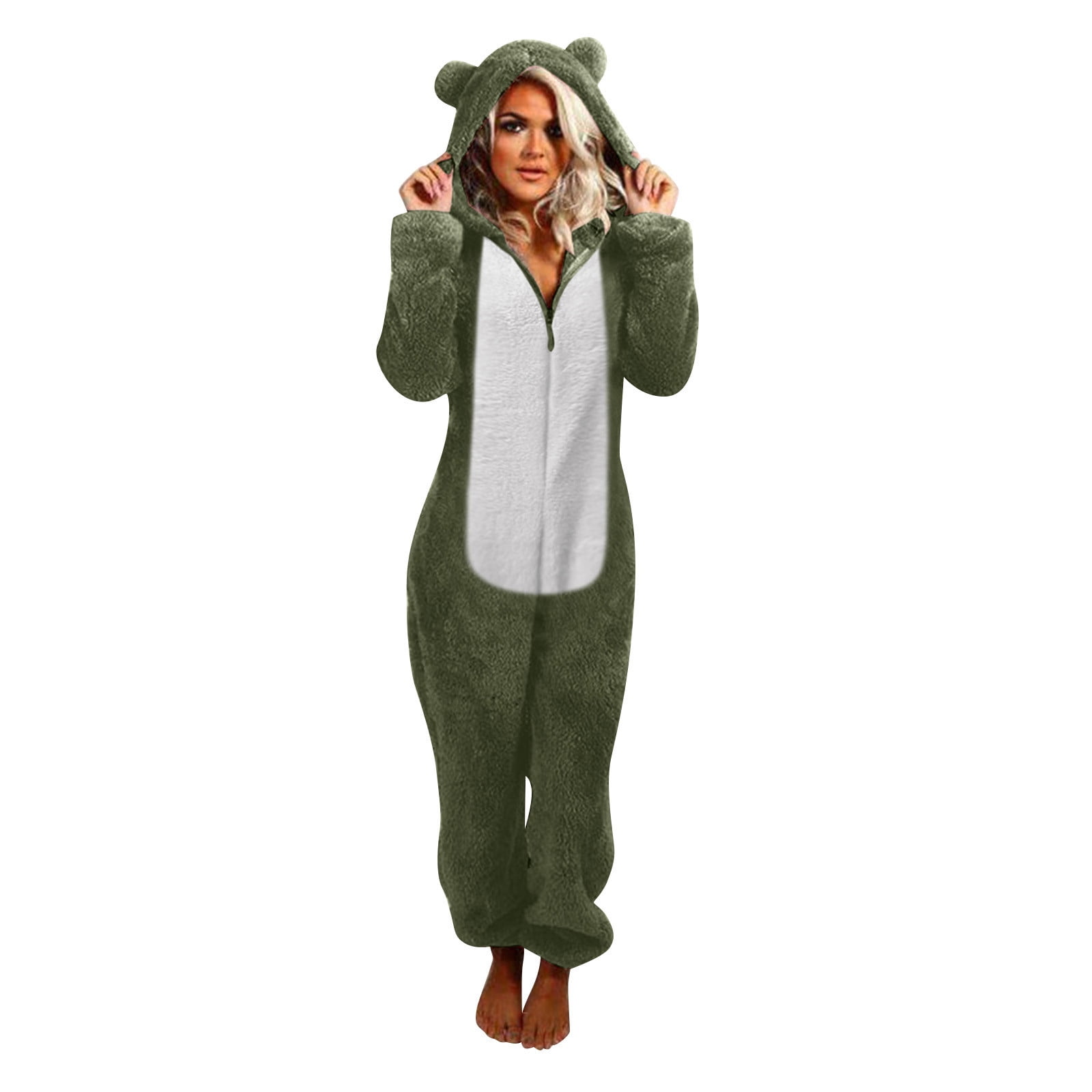 FNFYFH Pajama Onesie for Women Winter Warm Zipper Pajamas Set Cute ...