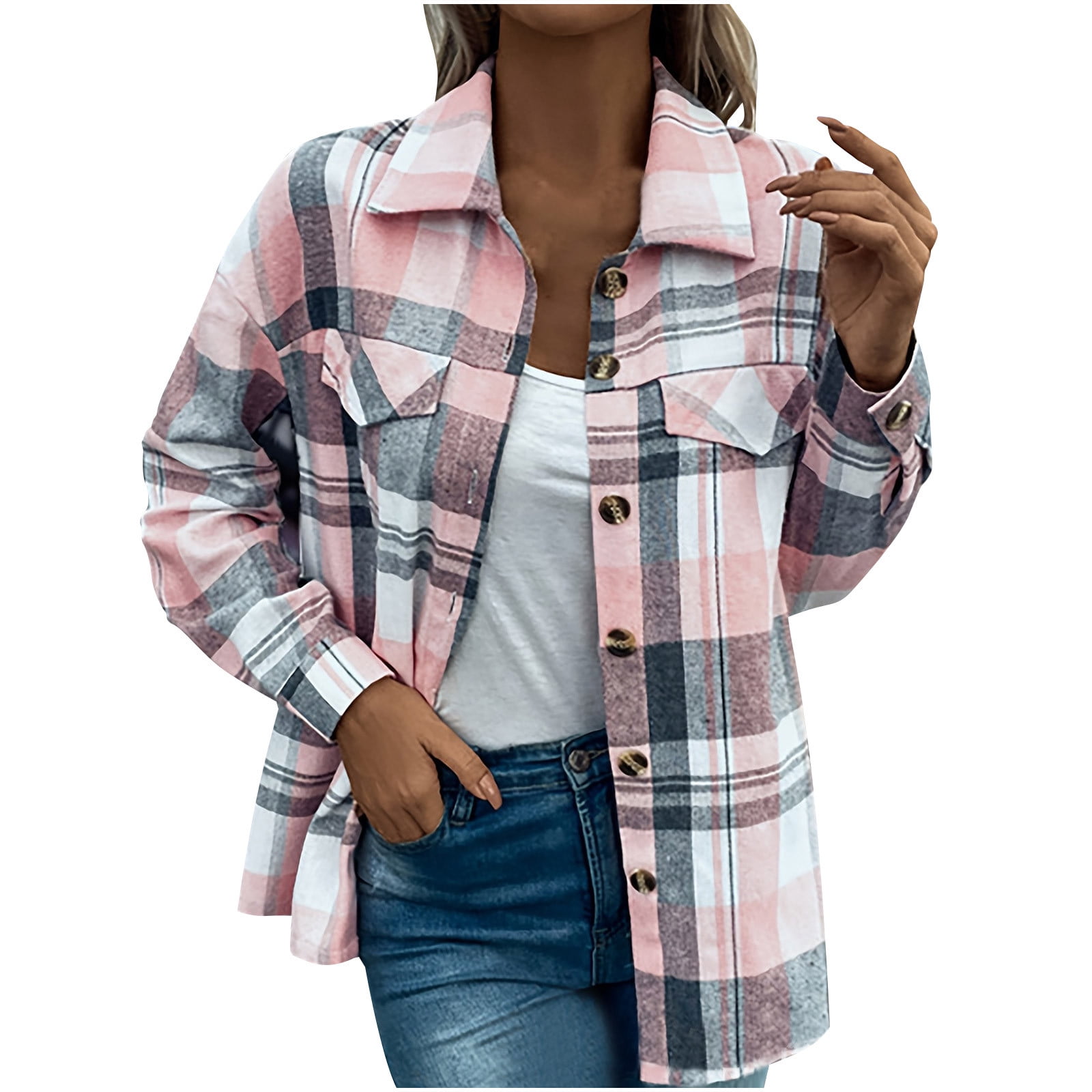 FNFYFH Plaid Shackets for Women Causal Button Long Sleeve Coats Loose ...