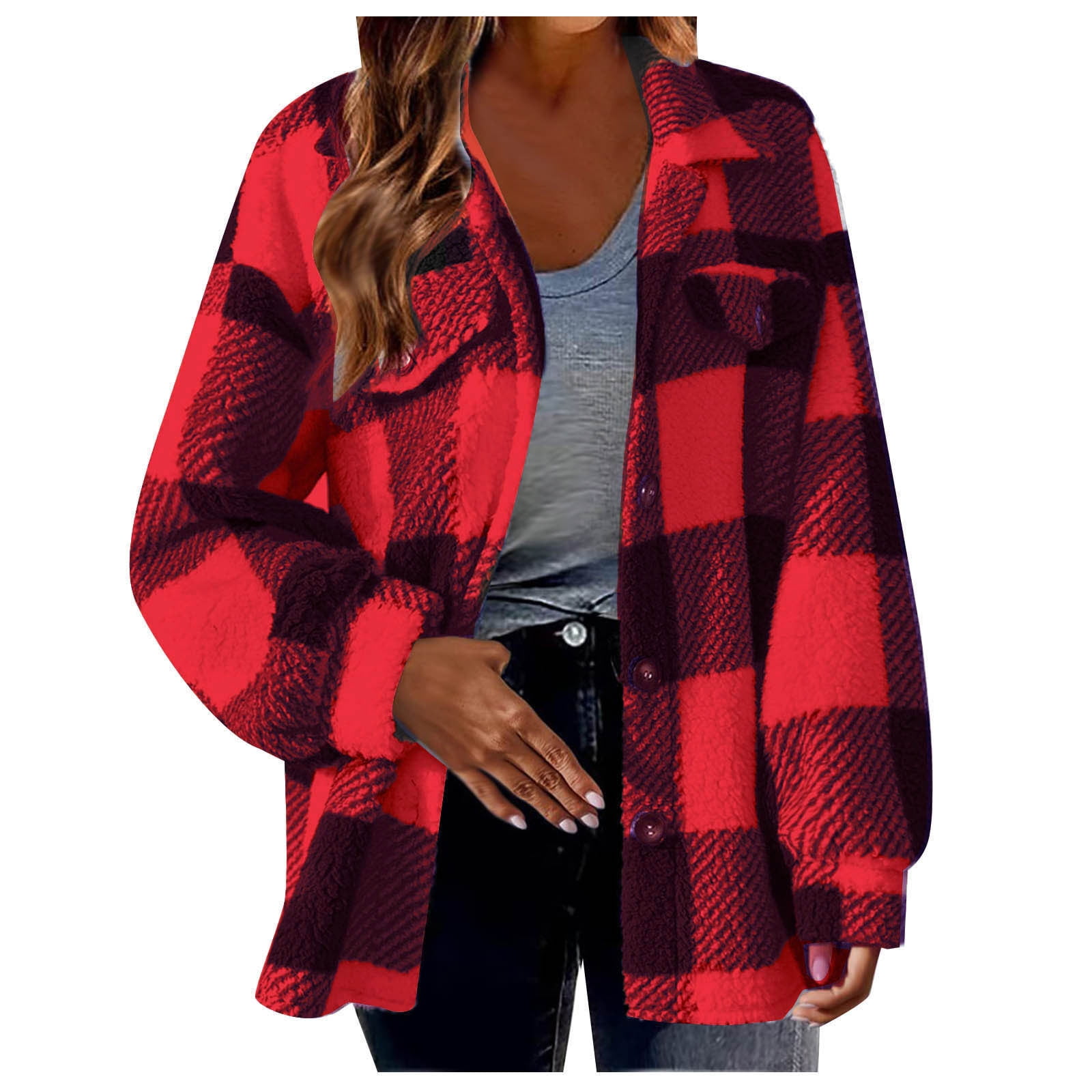 FNFYFH Plaid Shackets for Women Fleece Button Down Coat Lapel Long ...