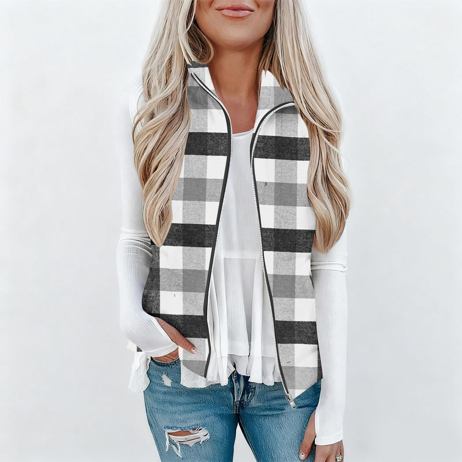 FNFYFH Plaid Vest for Women Fall Fashion 2025 Sleeveless Zip Up Cropped ...