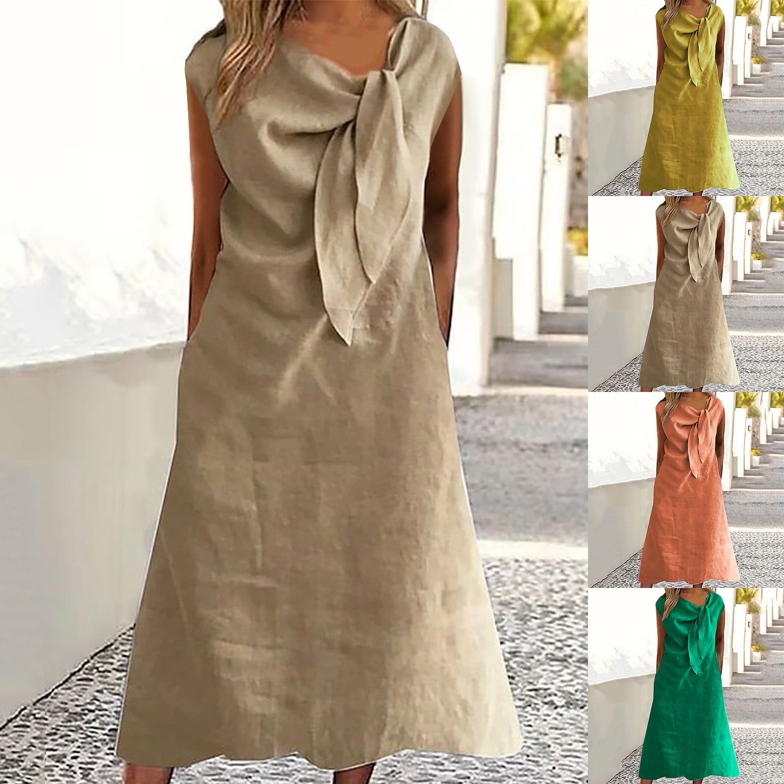 FNFYFH Plus Size Cotton Linen Dress for Women Tie Front V Neck Cap ...