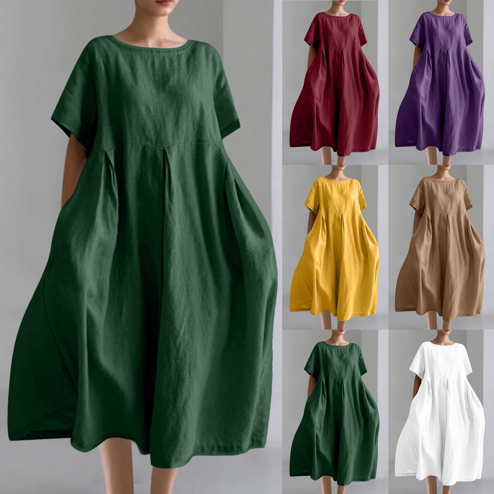 FNFYFH Plus Size Linen Dress for Women Short Sleeve Pleated A-line ...