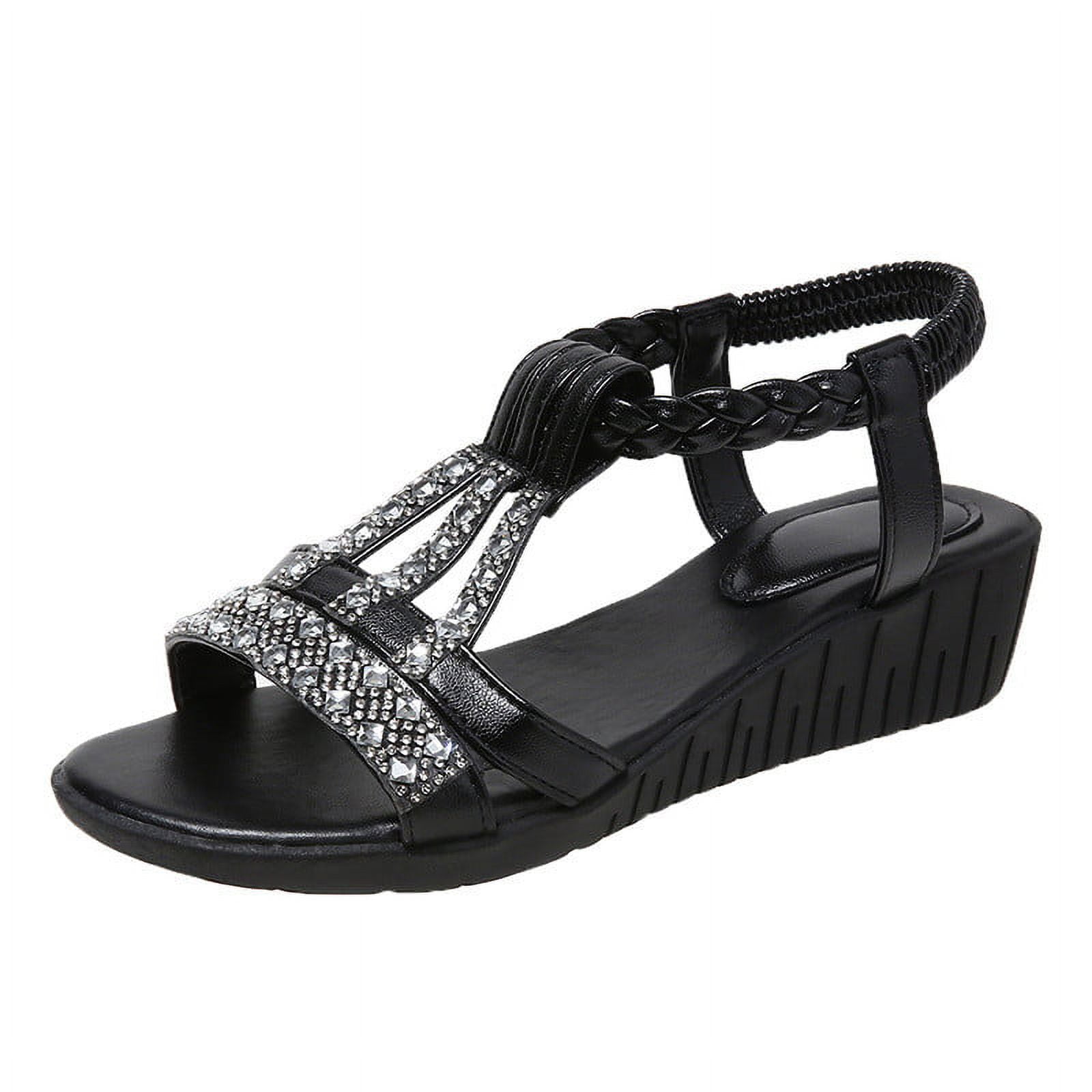 FNFYFH Rhinestone Flat Sandals for womens Girls Low Wedge Sandals Cute ...