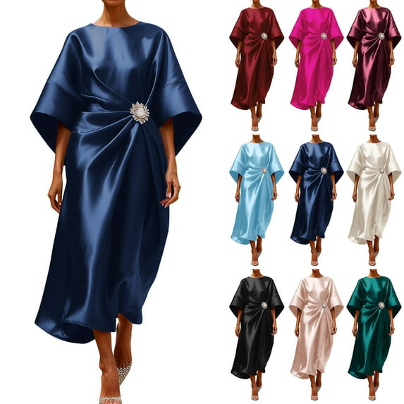 FNFYFH Satin Dress for Women Elegant Batwing Sleeve Maxi Dresses Ruched ...