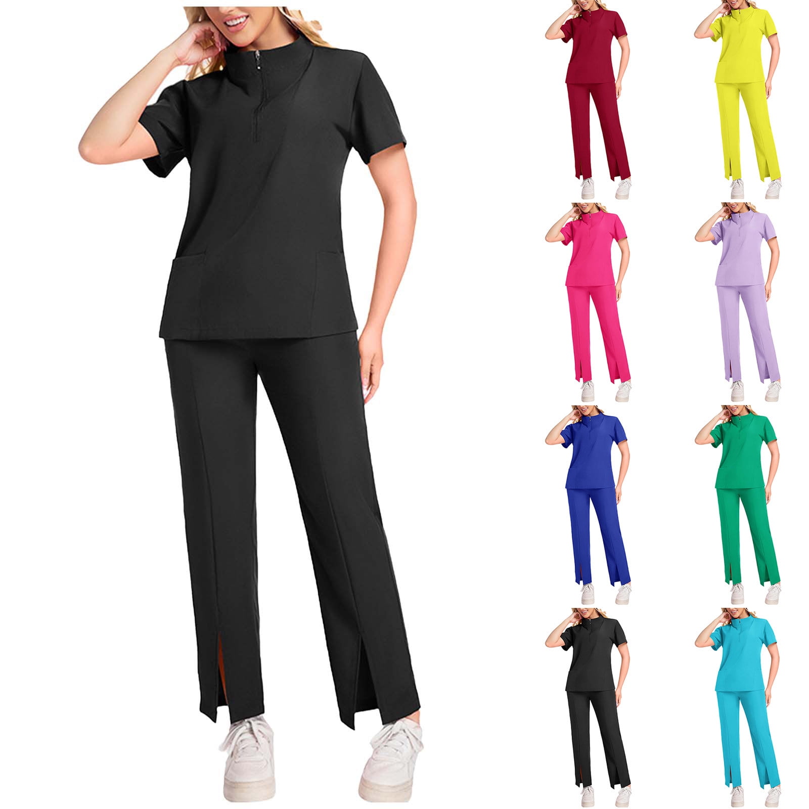 FNFYFH Scrub for Women Set Quarter Zip Scrub Tops and Pants 4-Way ...