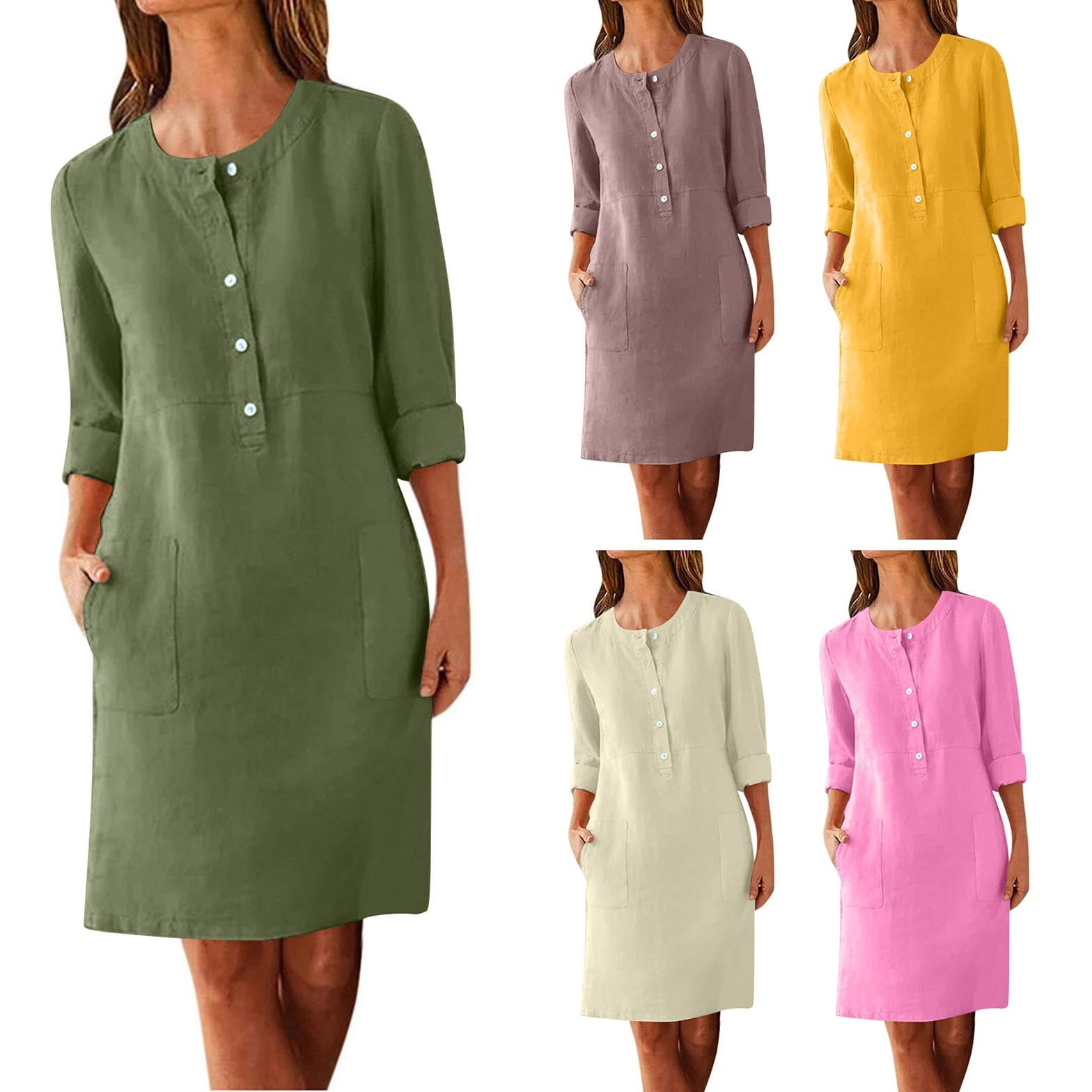 FNFYFH Shirt Dresses for Women Crewneck Button Down Long Sleeve Mini ...