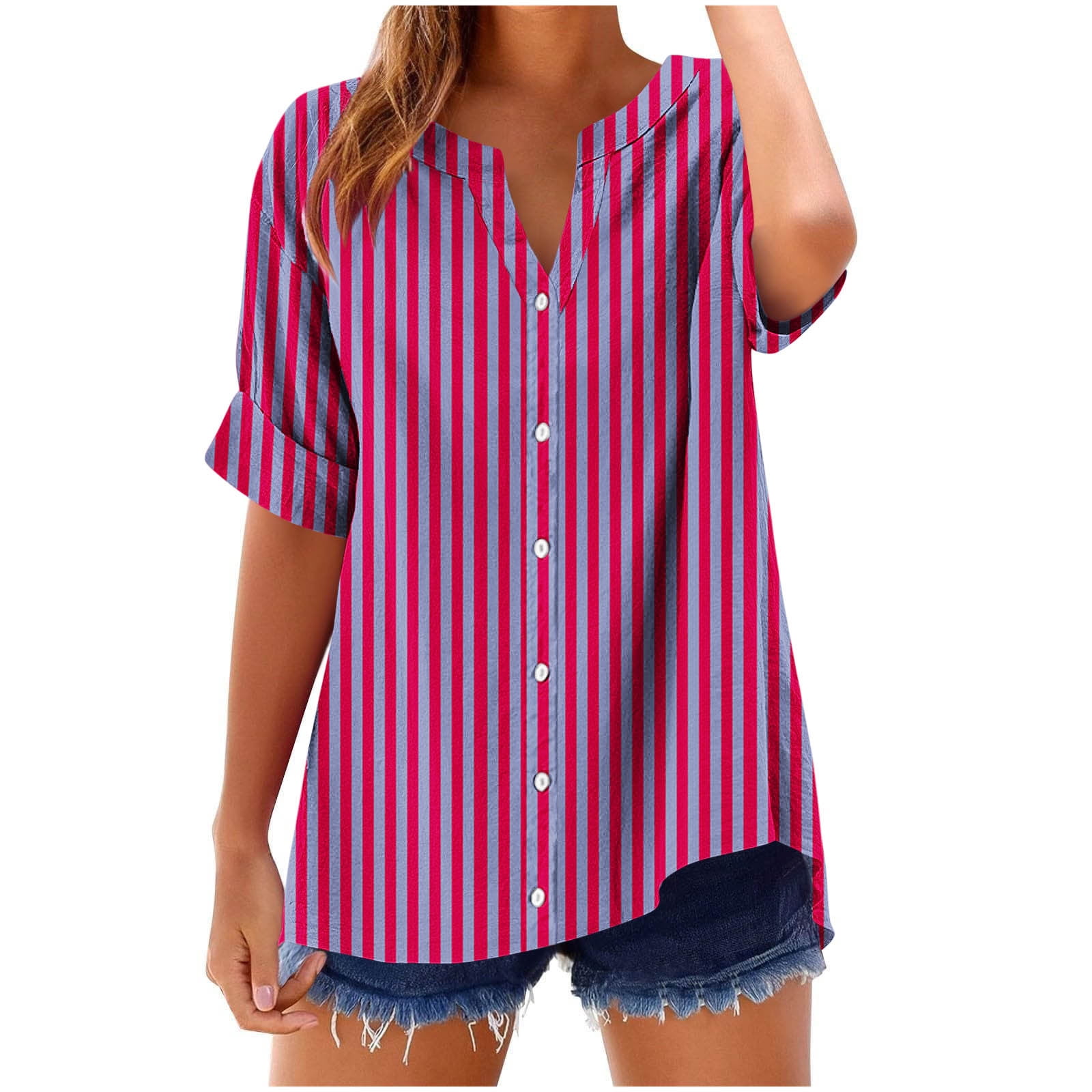 FNFYFH Shirts for Women Button Down V Neck Tops Loose Fit Striped Top ...