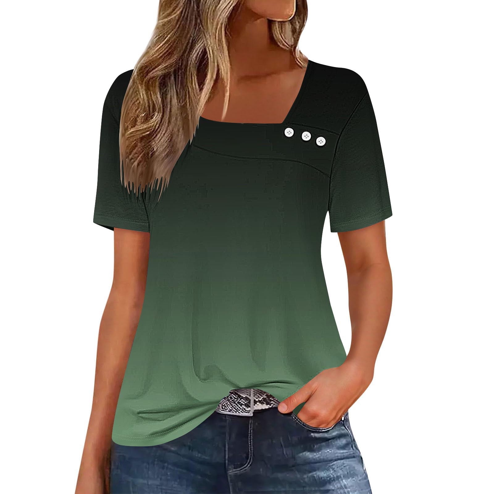 FNFYFH Shirts for Women Summer Gradient Color Tees V Neck Short Sleeve ...