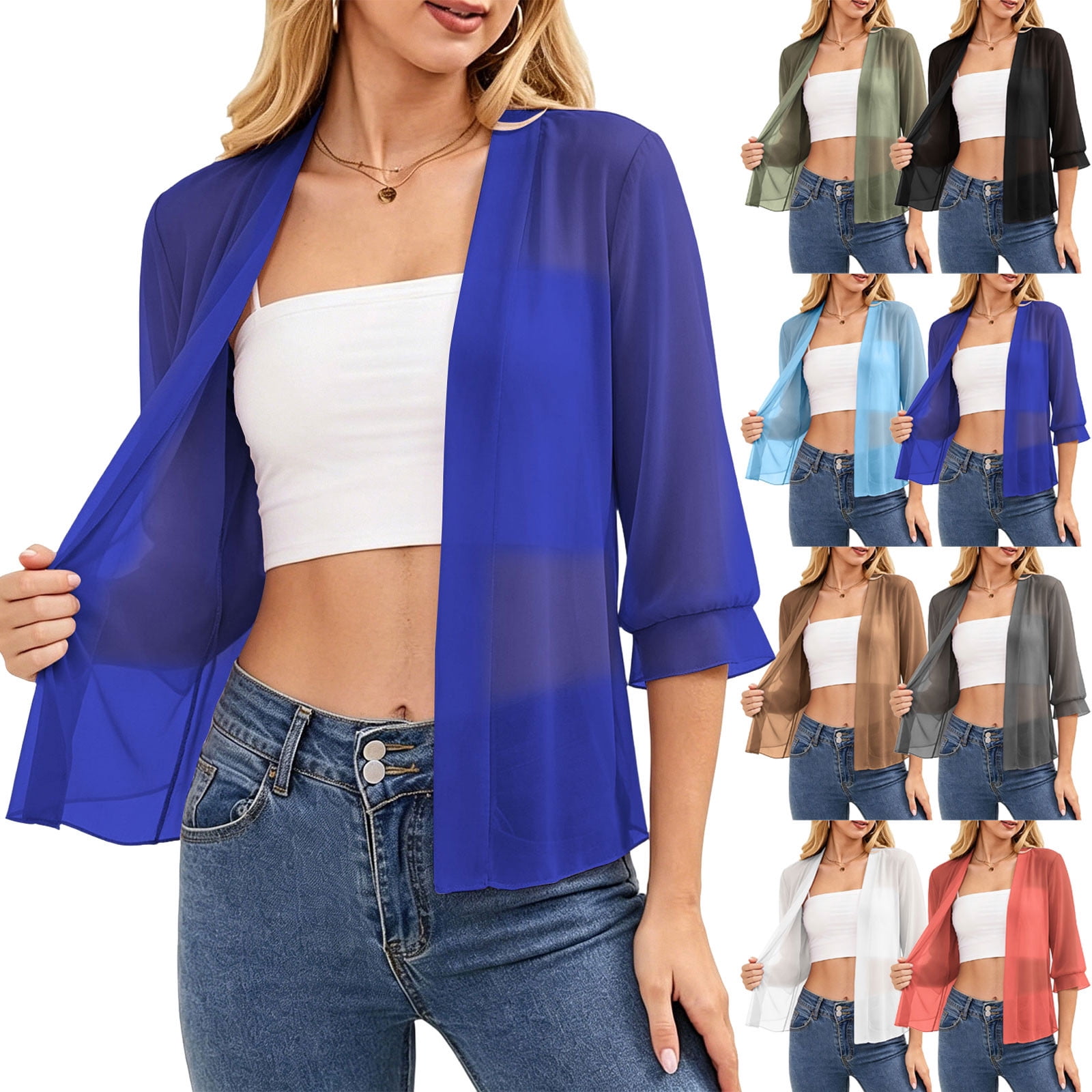 FNFYFH Shrugs for Women 3/4 Ruffle Sleeve Cropped Lightweight Cardigans ...
