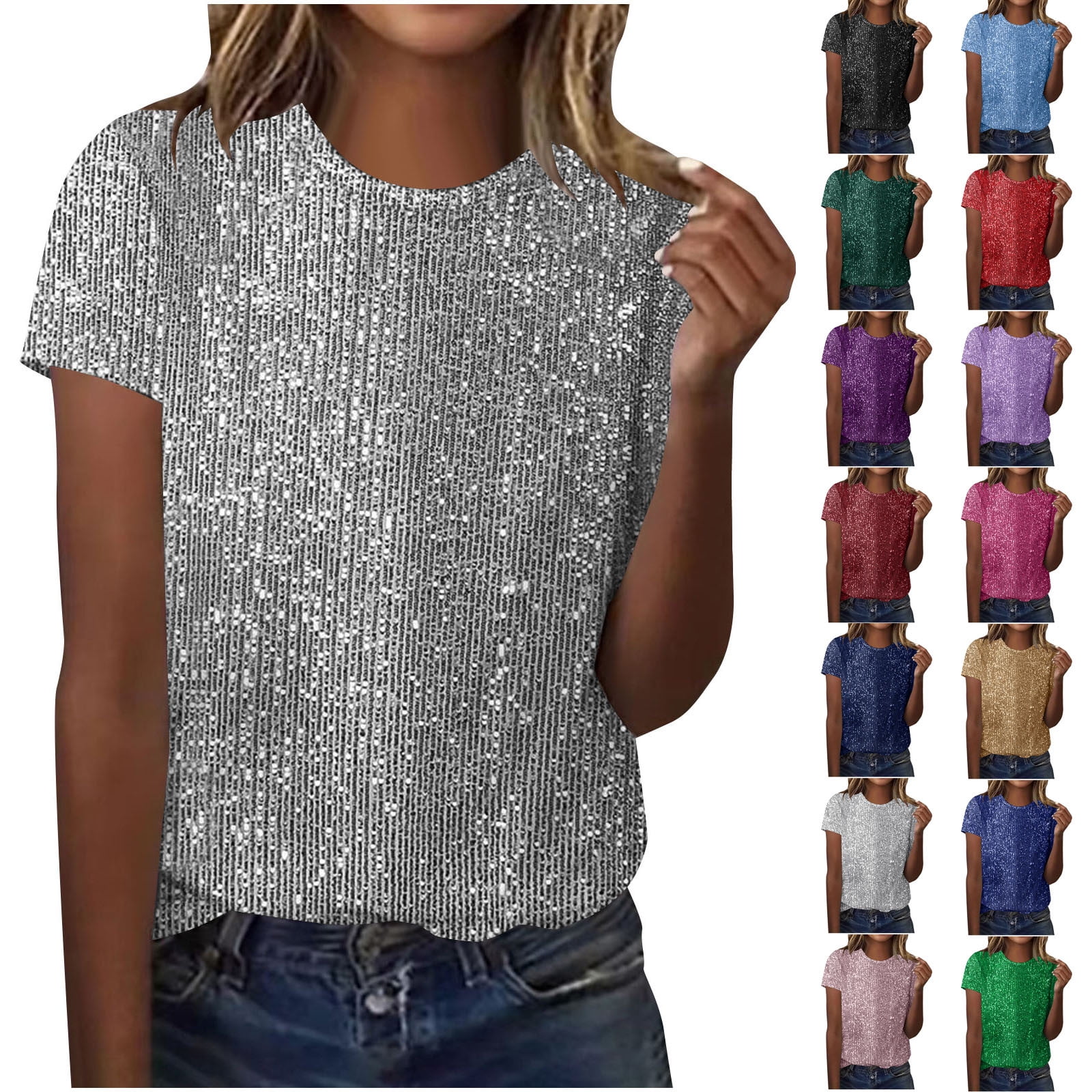 FNFYFH Sparkle Tops for Women Shimmer Glitter Crew Neck Short Sleeve ...