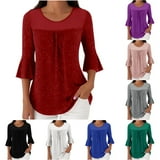 FNFYFH Sparkly Tops for Women 3/4 Bell Sleeve Pleated Shimmer Top Flowy ...