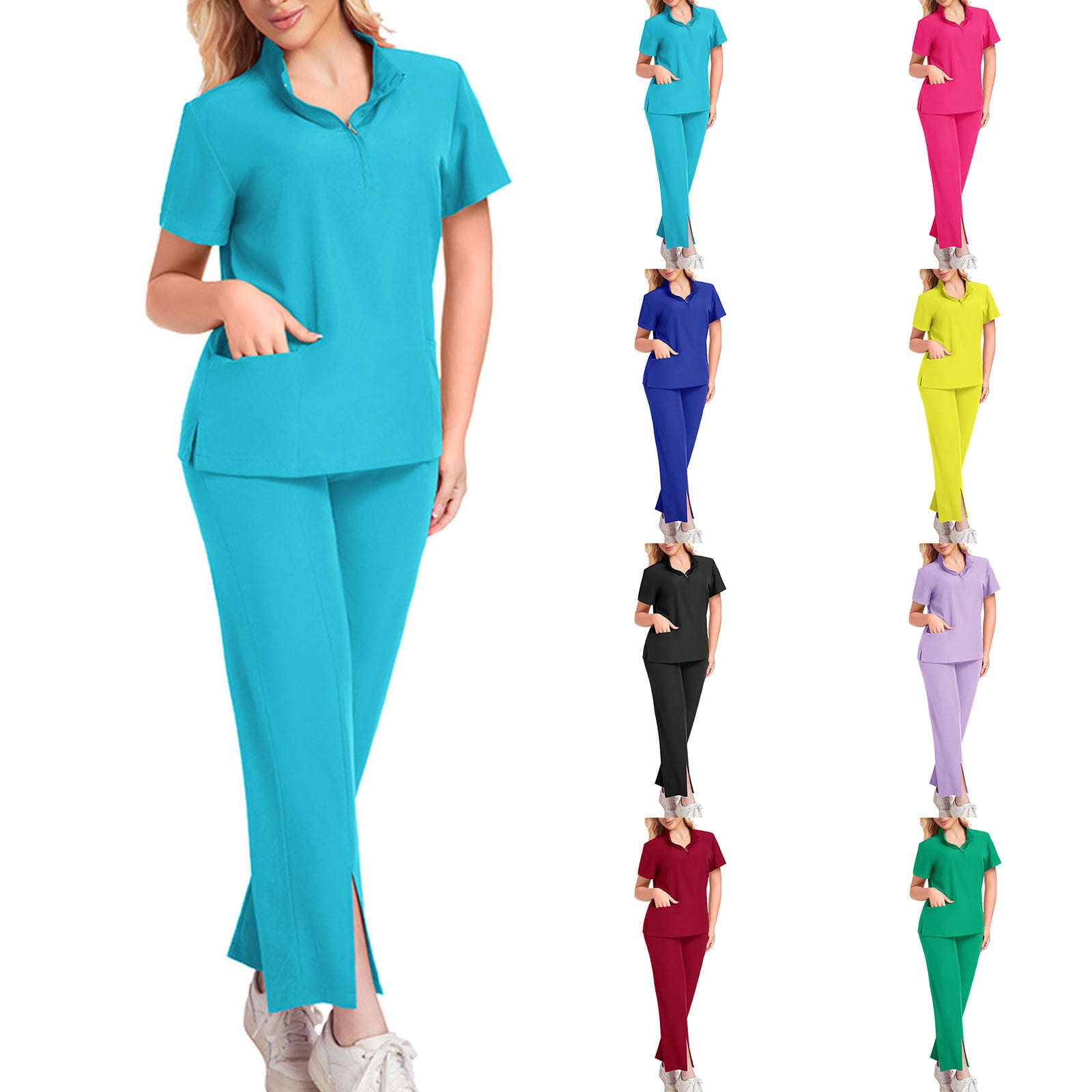 FNFYFH Stretch Scrubs Set for Women Jogger Scrub Suit Lapel V Neck Tops ...
