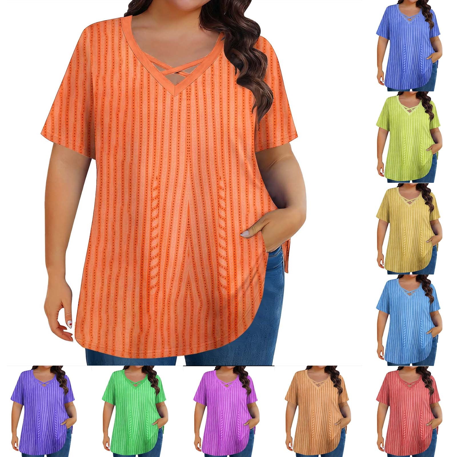 FNFYFH Striped Shirt Women Plus Size Short Sleeve Tee Shirts Criss ...