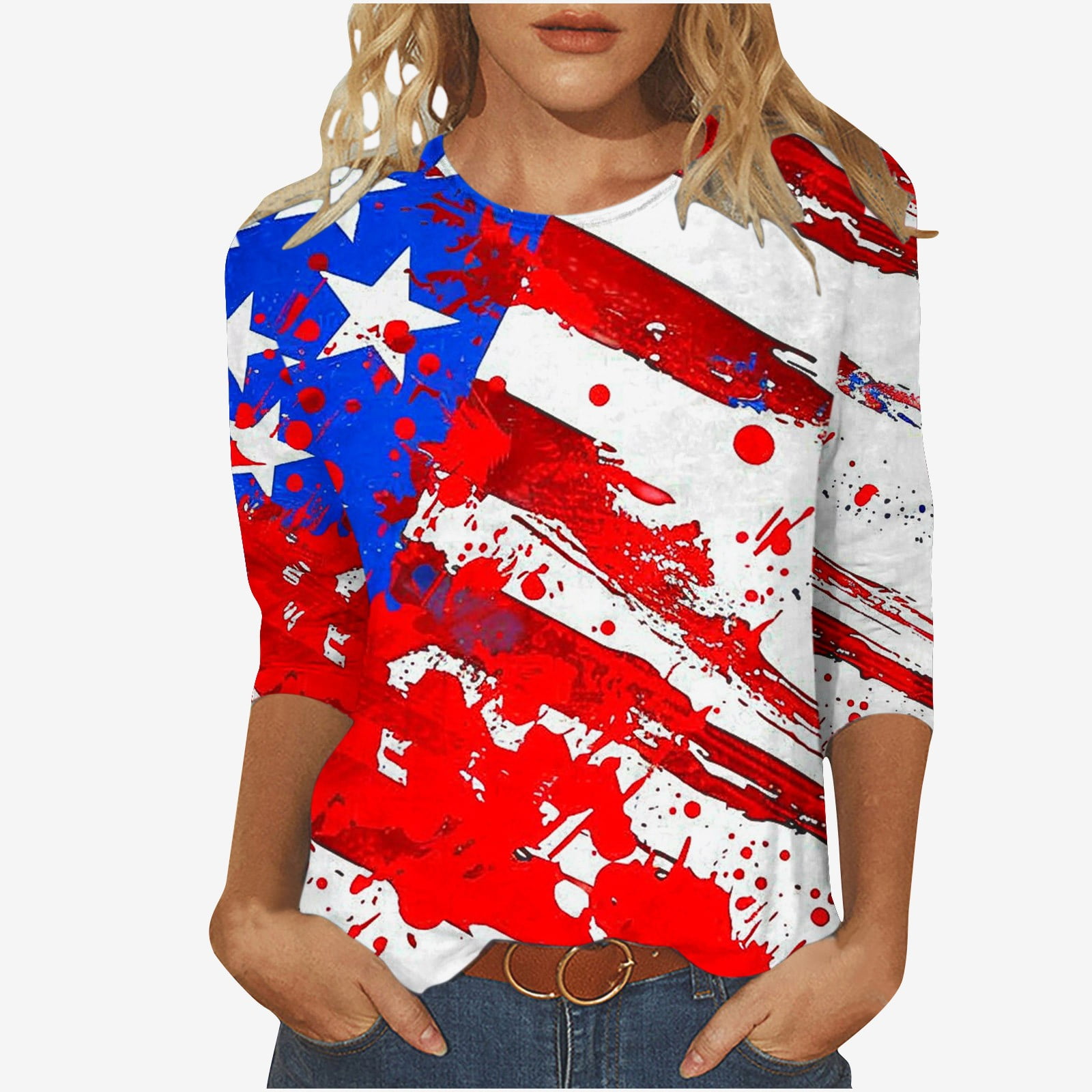 FNFYFH Summer 3/4 Sleeve Tunic Tops for Women 1776 USA Star Stripes ...