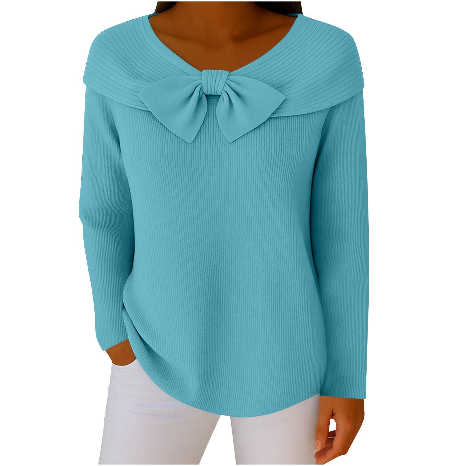 FNFYFH Sweet Sweater for Women Plus Size Bow Knot Crewneck Pullover ...