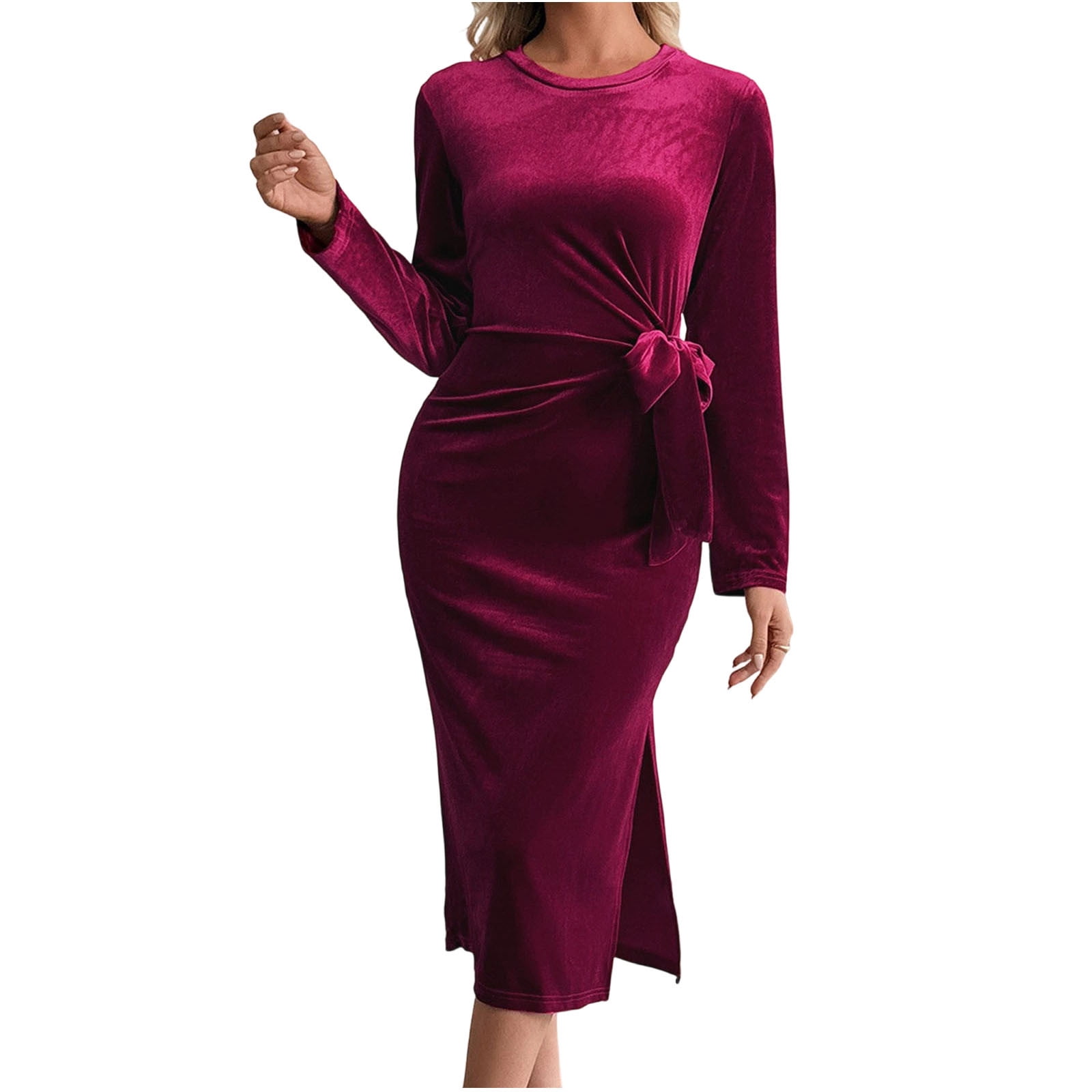 FNFYFH Velvet Midi Dress for Women Trendy Casual Long Sleeve Fall ...