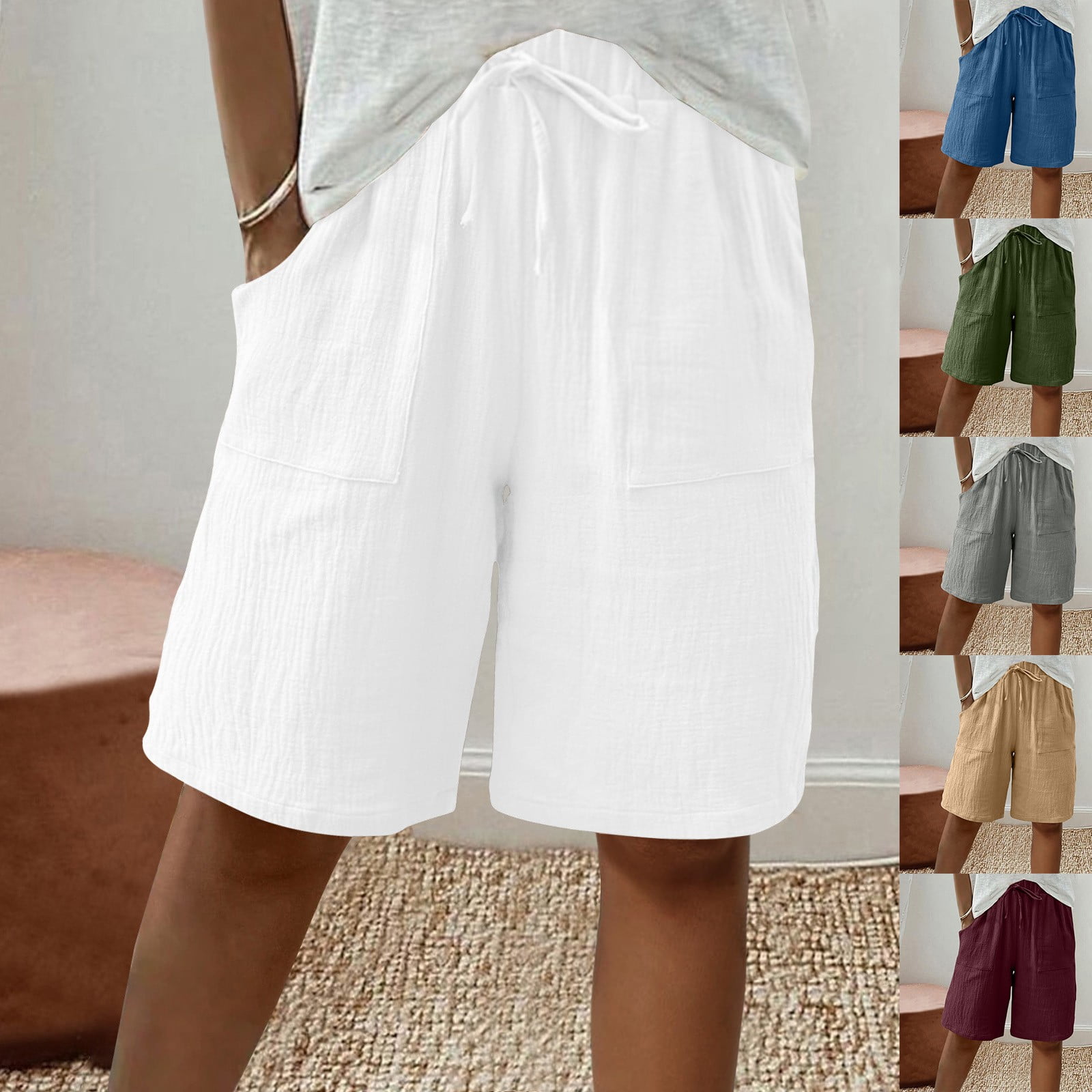 FNFYFH Cotton Linen Shorts for Women Half Pants Summer Drawstring ...