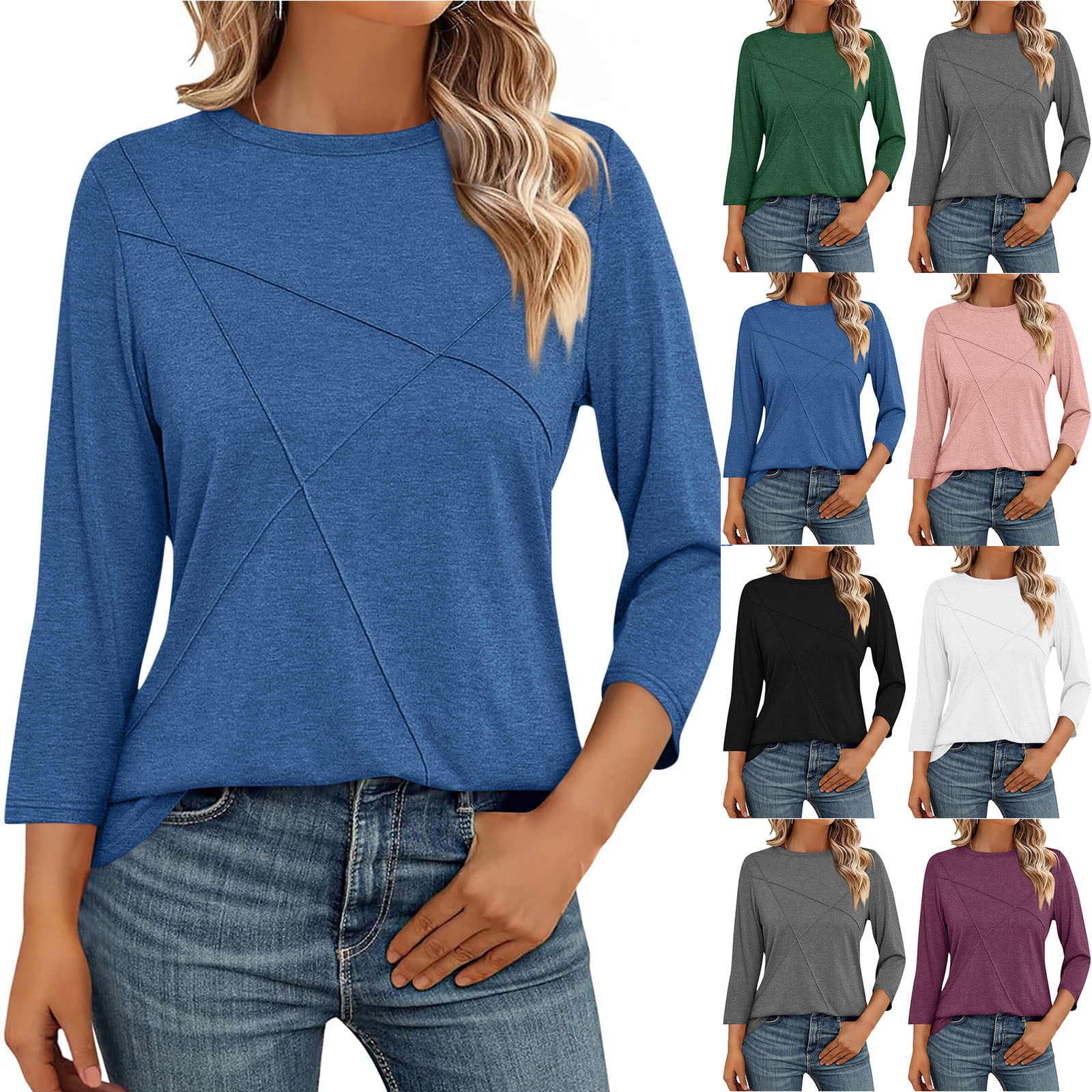FNFYFH Women 3/4 Sleeve Tops Crewneck Tunic Three Quarter Sleeves Tees Summer Solid Shirts,Blue ...