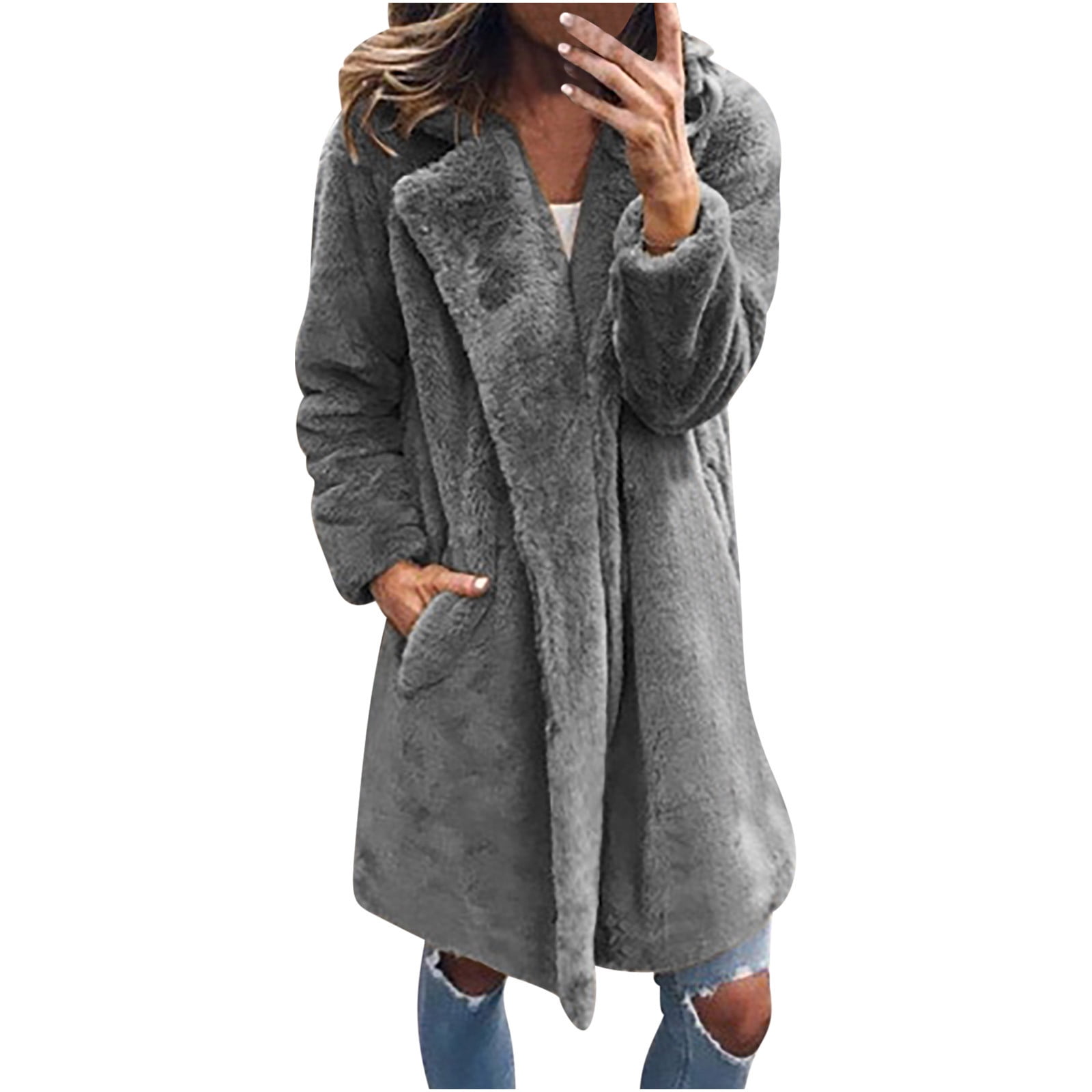 FNFYFH Women Faux Fur Coat Plus Size Fleece Jacket Long Open Front Cardigan Outerwear Casual ...