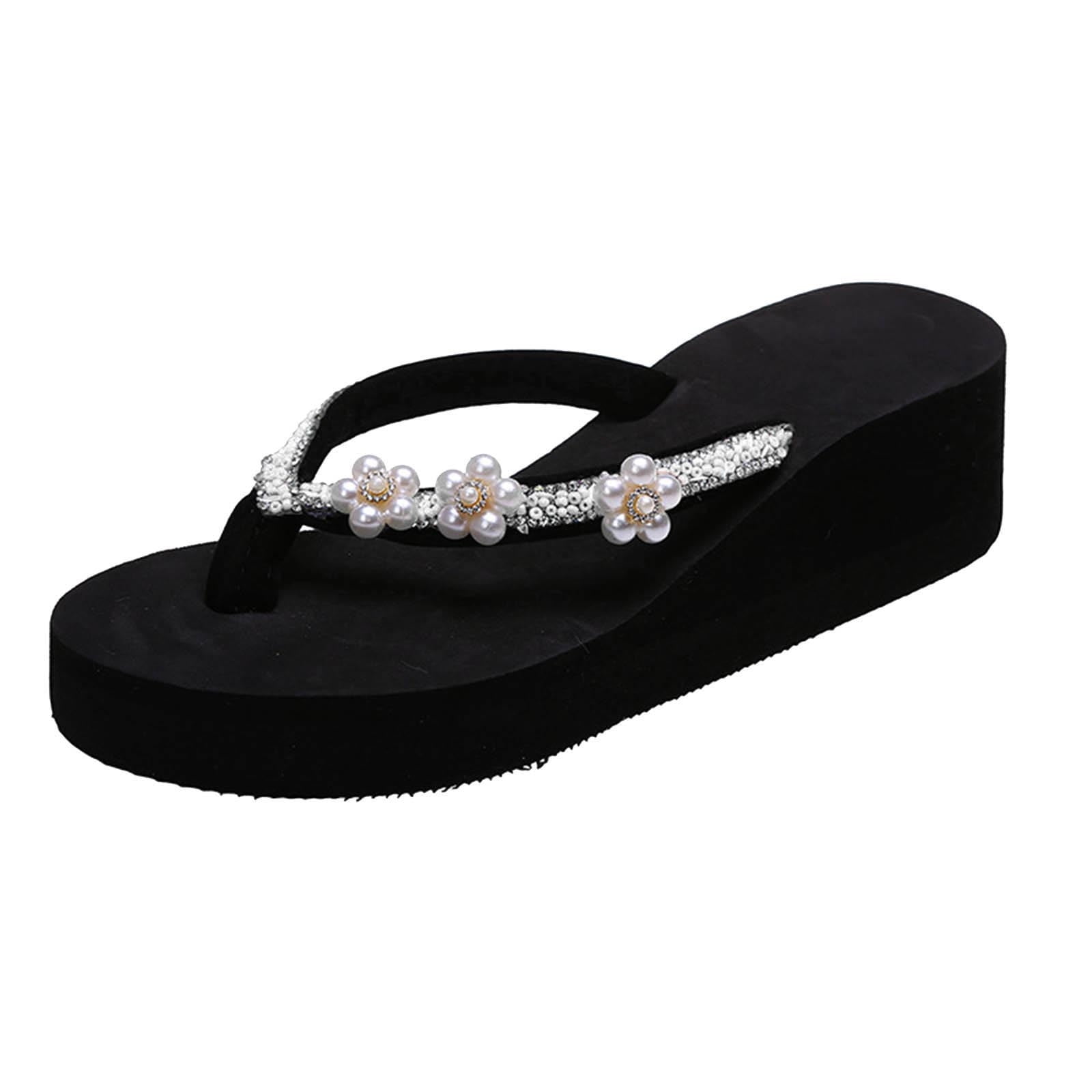 FNFYFH Women Rhinestone Slope Heel Open Toe Flowers Slippers Clip-Toe ...