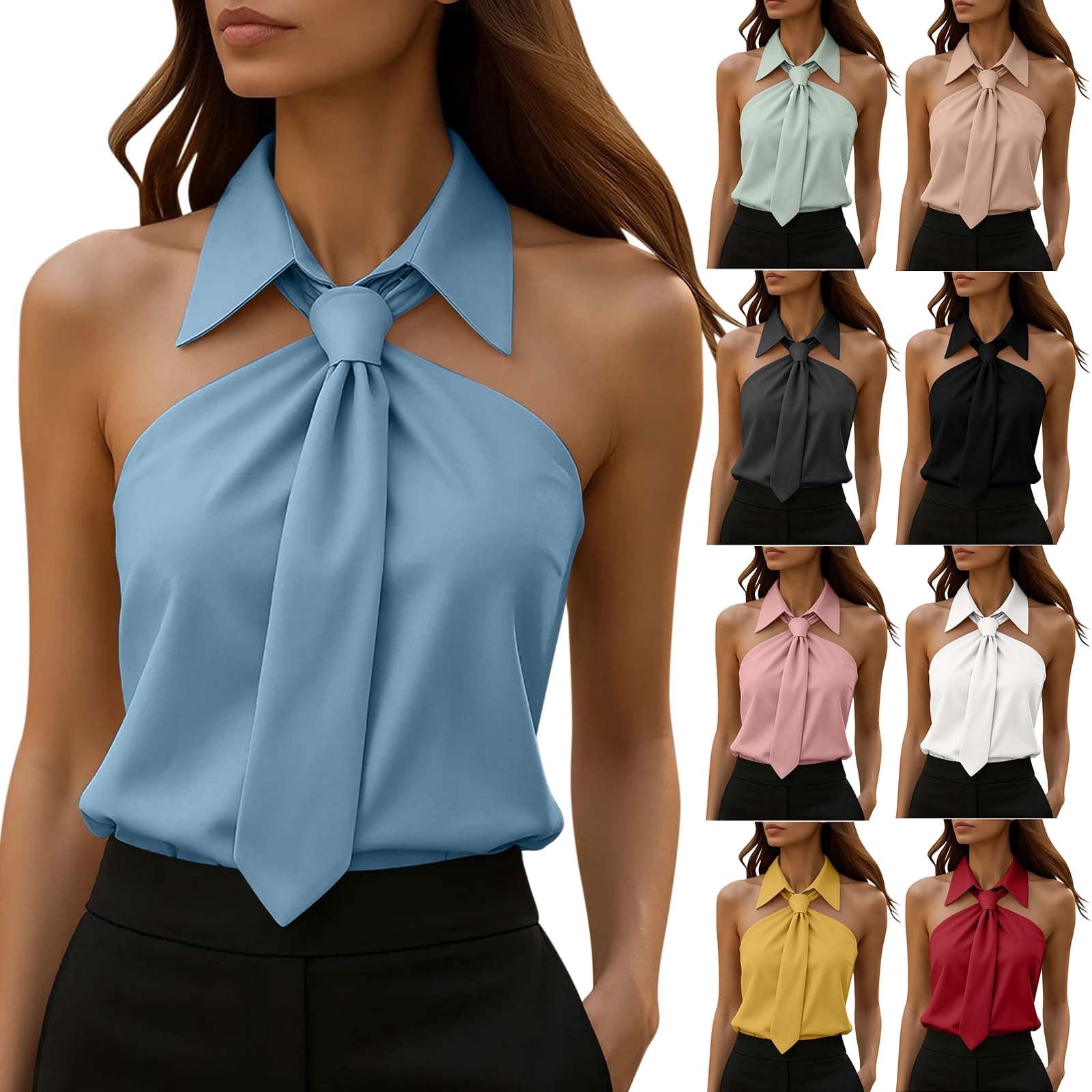 FNFYFH Women Tie-Neck Halter Top Sleeveless Collared Shirt Slim Fit Top ...