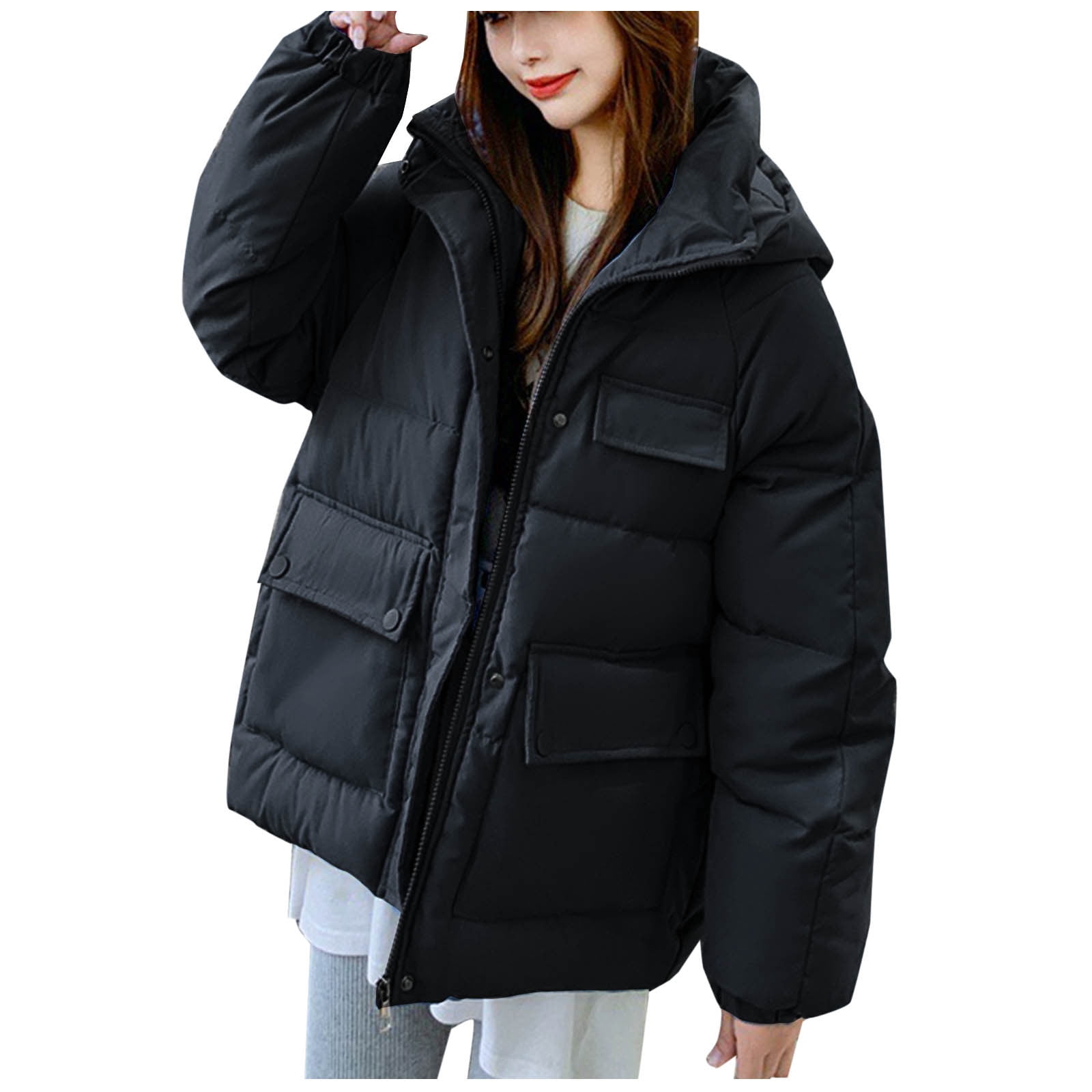 FNFYFH Women Warm Puffer Jacket Hooded Casual Down Coat Zip Up Short ...