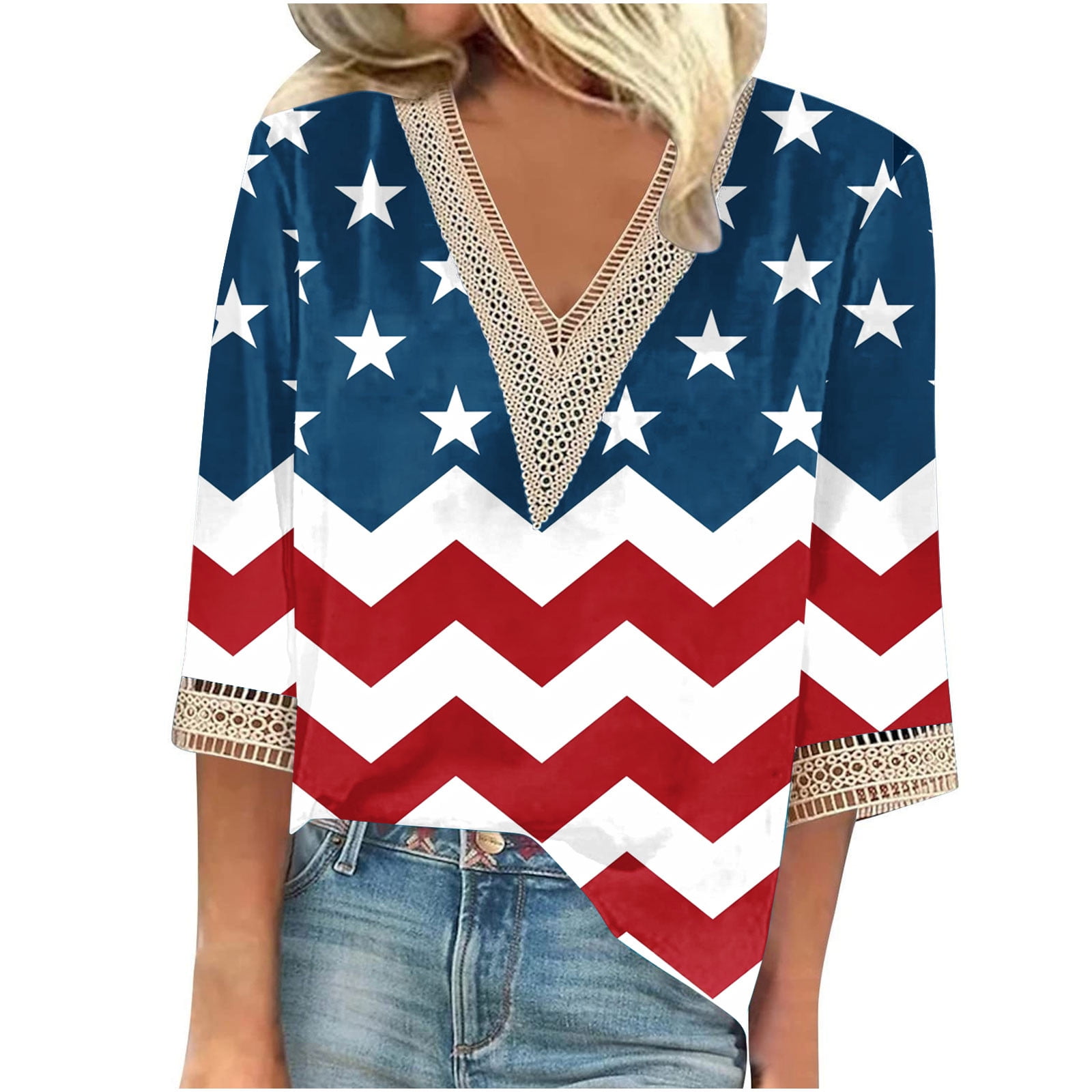 FNFYFH Women's 2025 Star Stripes Tops 3/4 Sleeve Patriotic Tunic Shirts ...