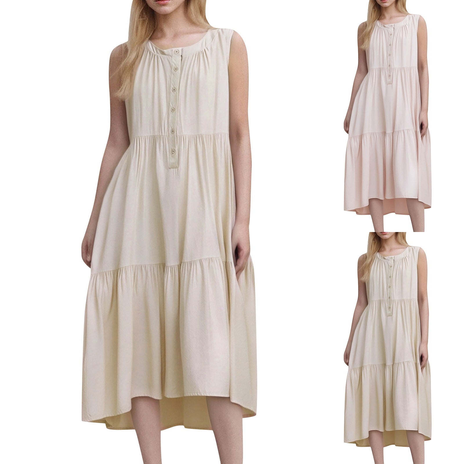 FNFYFH Women's Cotton Linen Tank Dress Sleeveless Flowy Button Down ...