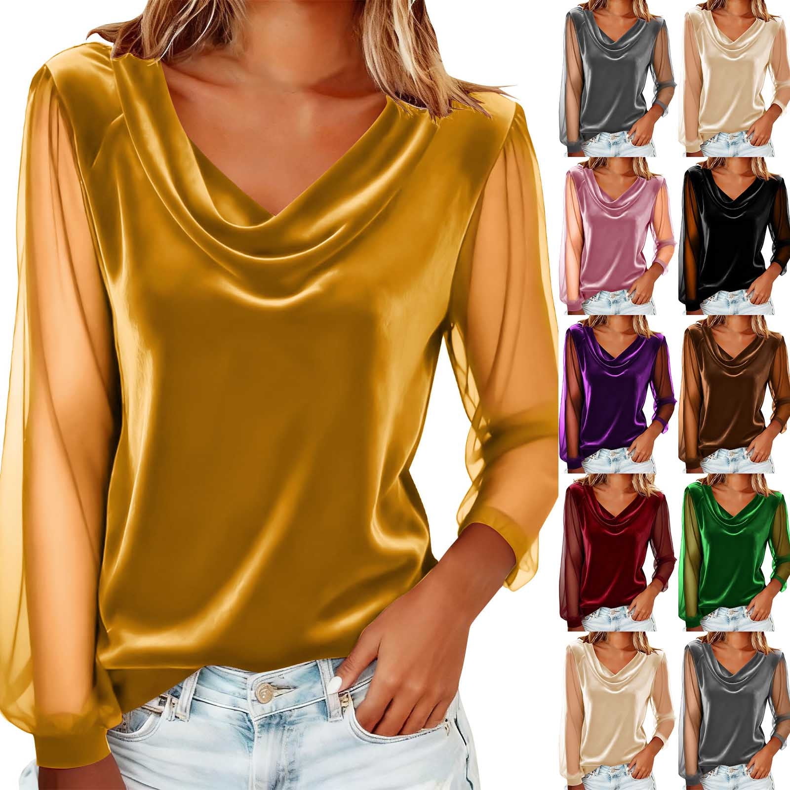 FNFYFH Women's Cowl Neck Velvet Tops Mesh Long Sleeve New Years Eve ...