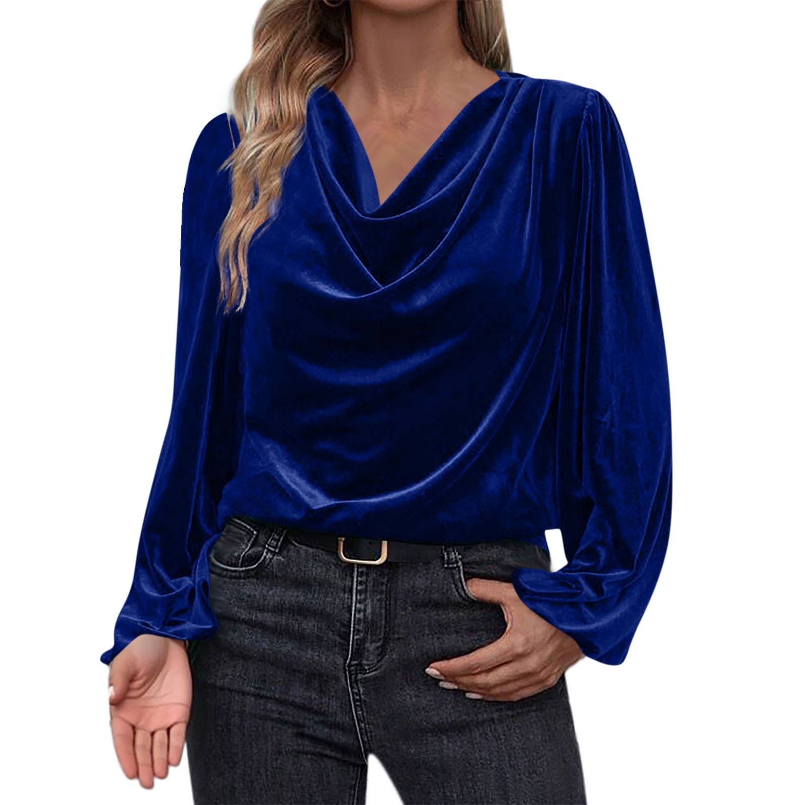FNFYFH Women's Draped Cowl Neck Tops Long Sleeve Velvet Blouses Dressy ...