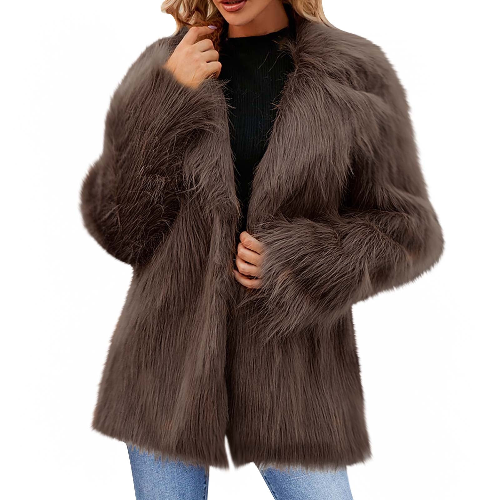 FNFYFH Women's Faux Fur Coat Lapel Fluffy Jacket Solid Fluffy Winter ...
