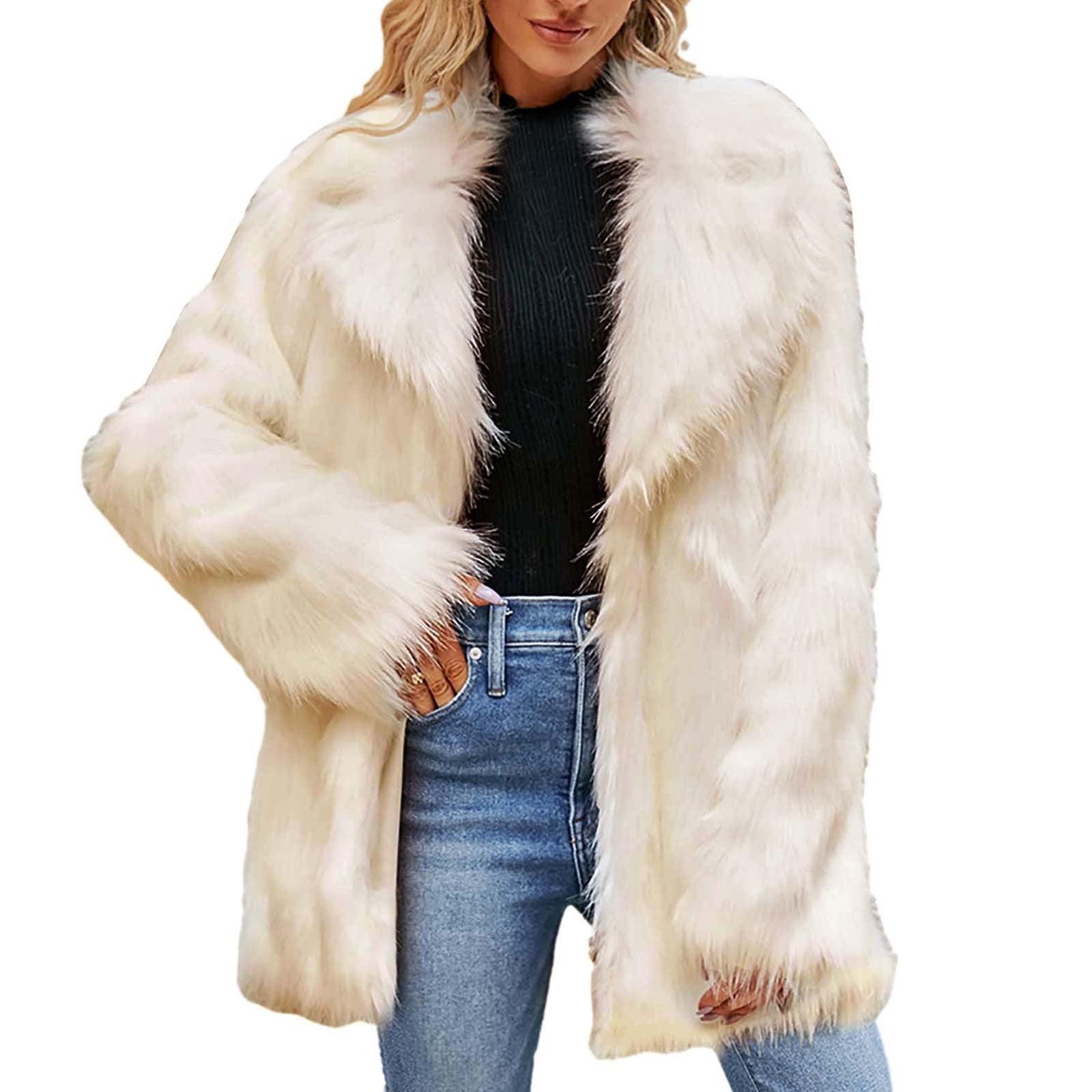 FNFYFH Women's Faux Fur Coat Lapel Fluffy Jacket Solid Fluffy Winter ...