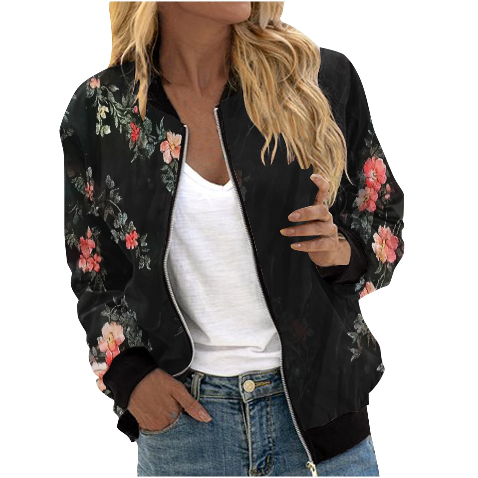 FNFYFH Women's Floral Print Jacket Crop Bomber Jacket Long Sleeve Zip ...