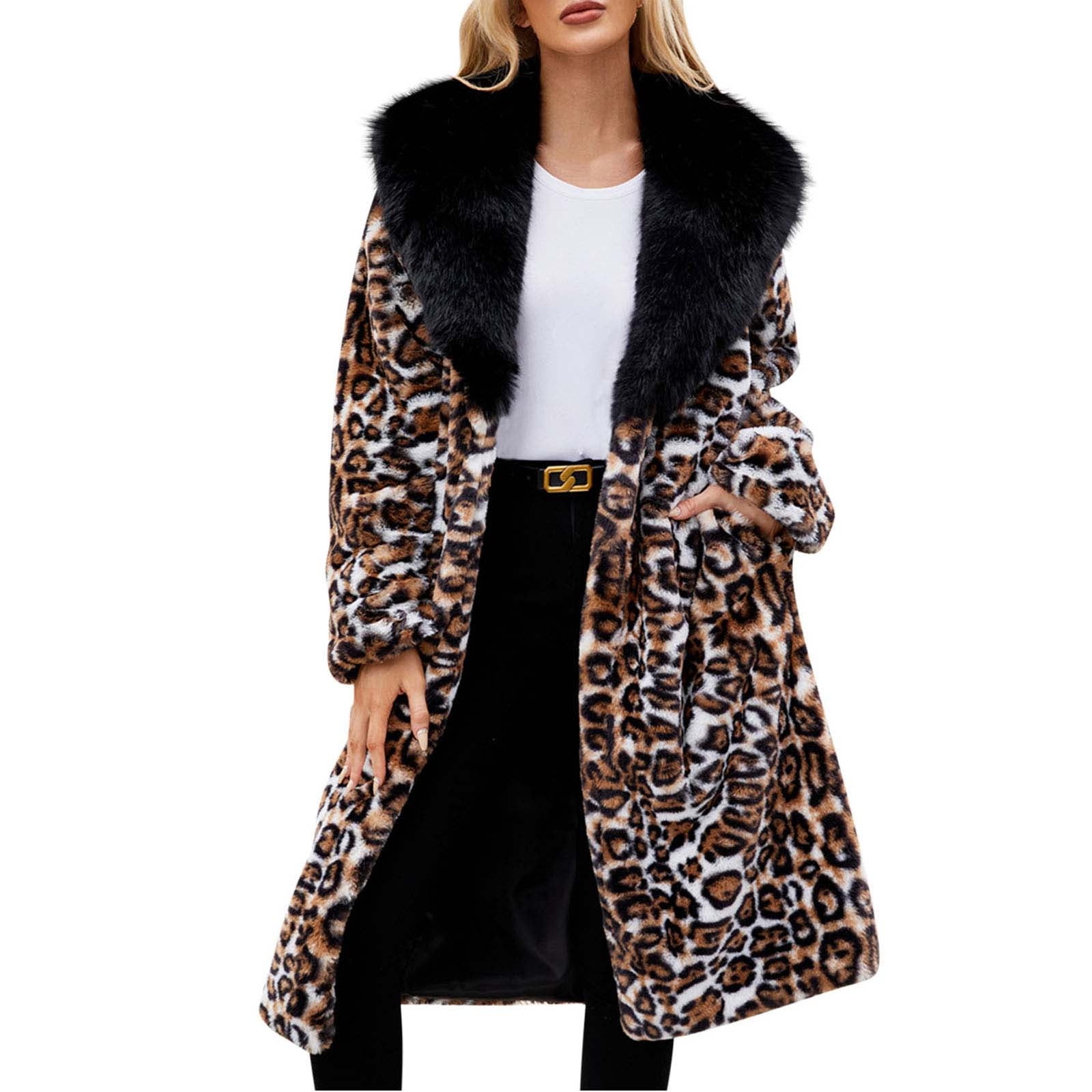 FNFYFH Women's Lapel Faux Fur Coat Long Leopard Print Fleece Jackets Long Sleeve Winter Warm ...