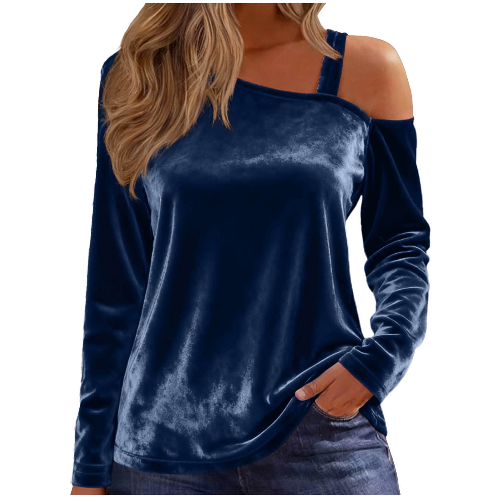 FNFYFH Women's Long Sleeve Velvet Tunic Tops Casual Cold Shoulder ...