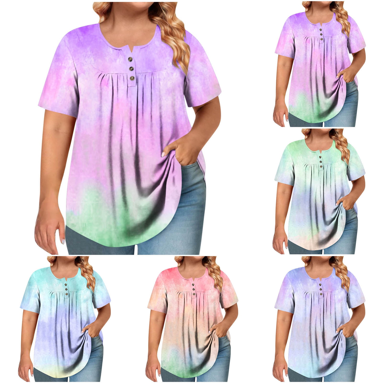 FNFYFH Women's Plus Size Henley Shirts Short Sleeve Flowy Summer Tops ...