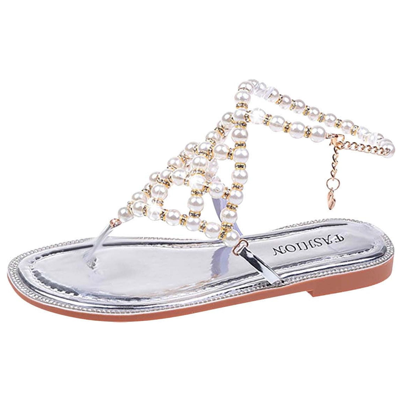 FNFYFH Women's Rhinestone Flat Sandals T-Strap Thong Sandals Summer ...