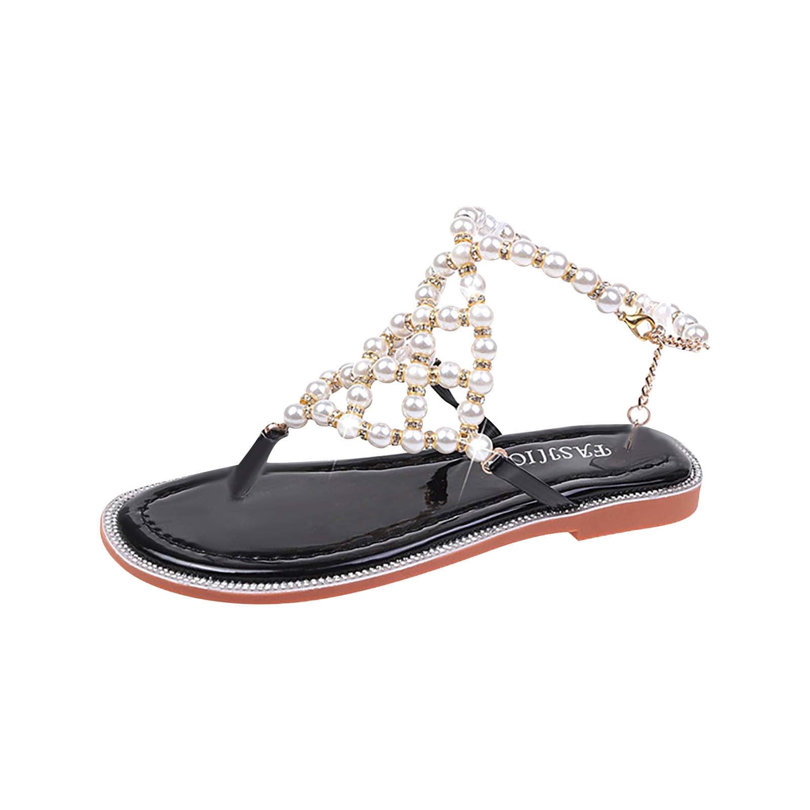 FNFYFH Women's Rhinestone Flat Sandals T-Strap Thong Sandals Summer ...