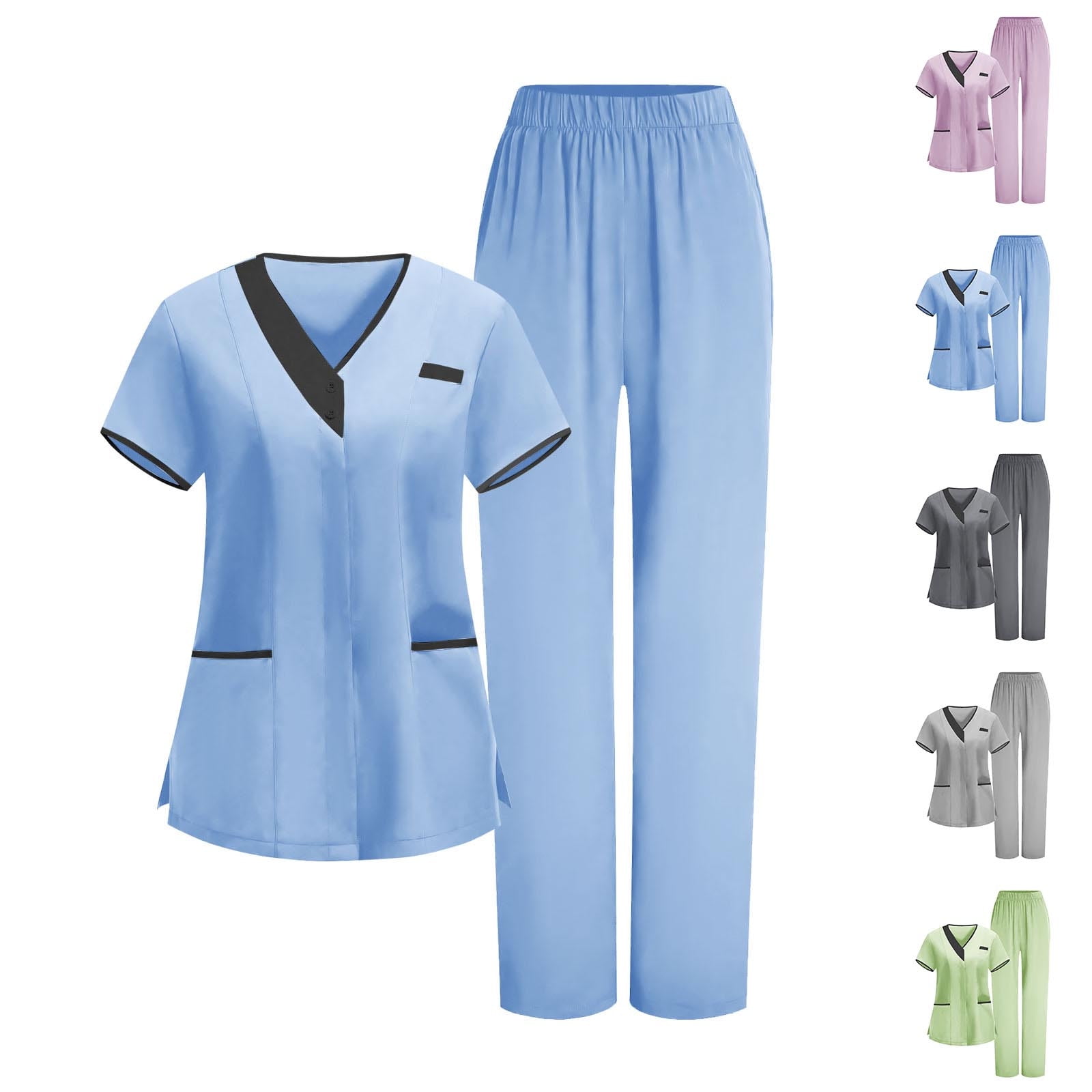 FNFYFH Women's Scrubs Sets V Neck Top and Wide Leg Pants Housekeeping ...