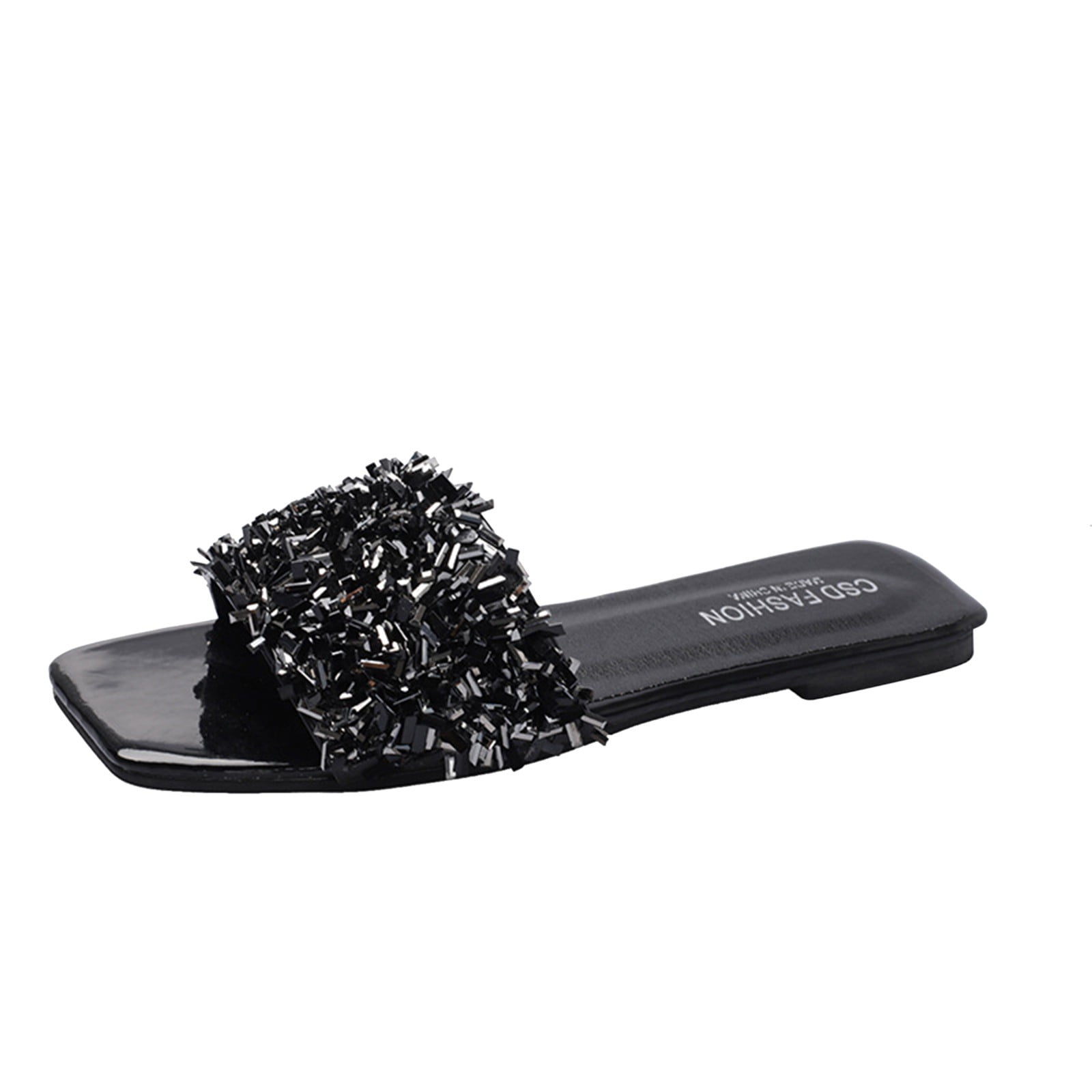 FNFYFH Women's Shiny Sequins Flat Slides Sandals, Casual Comfortable ...