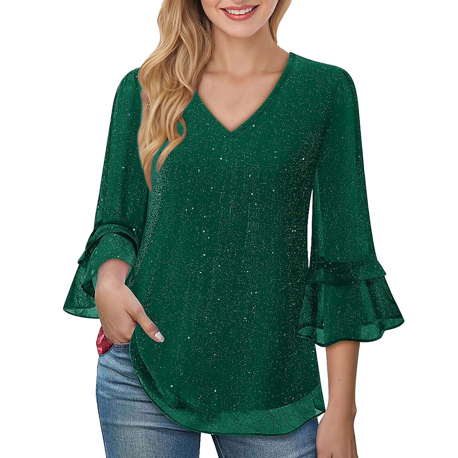 FNFYFH Women's Sparkly Blouses Ruffle 3/4 Sleeve V Neck Double Layers ...