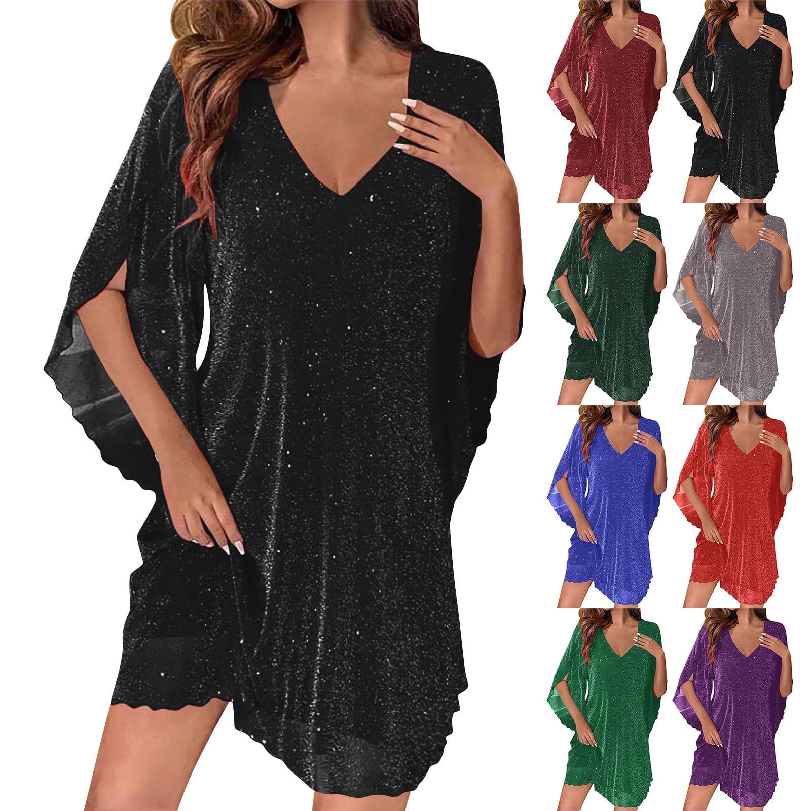 FNFYFH Women's Sparkly Dresses Flutter 3/4 Sleeve Loose Sequin Party ...
