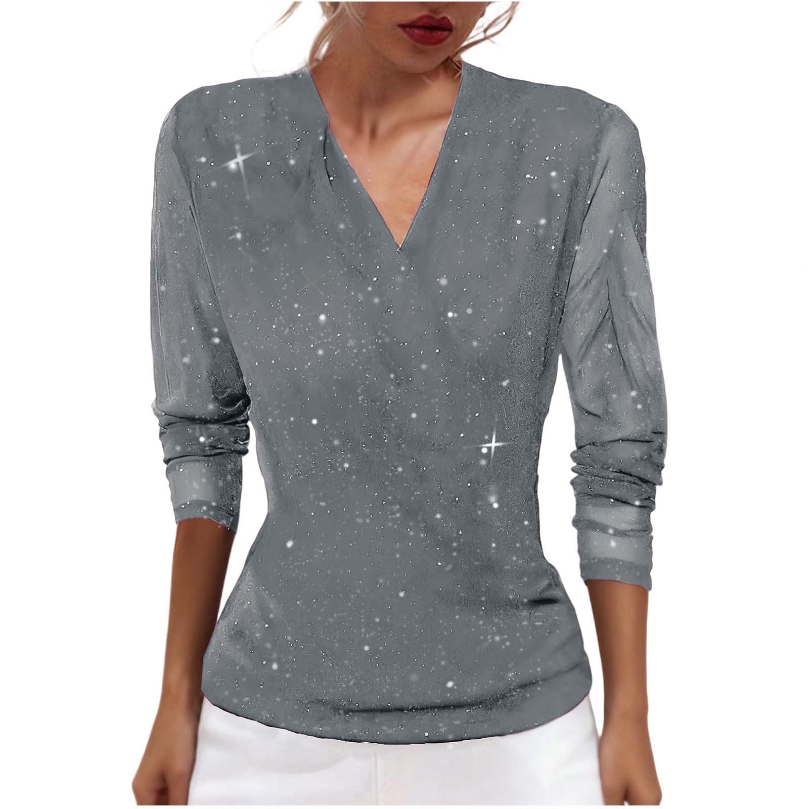 FNFYFH Women's Sparkly Dressy T-Shirts Long Sleeve V-Neck Elegant Tunic ...