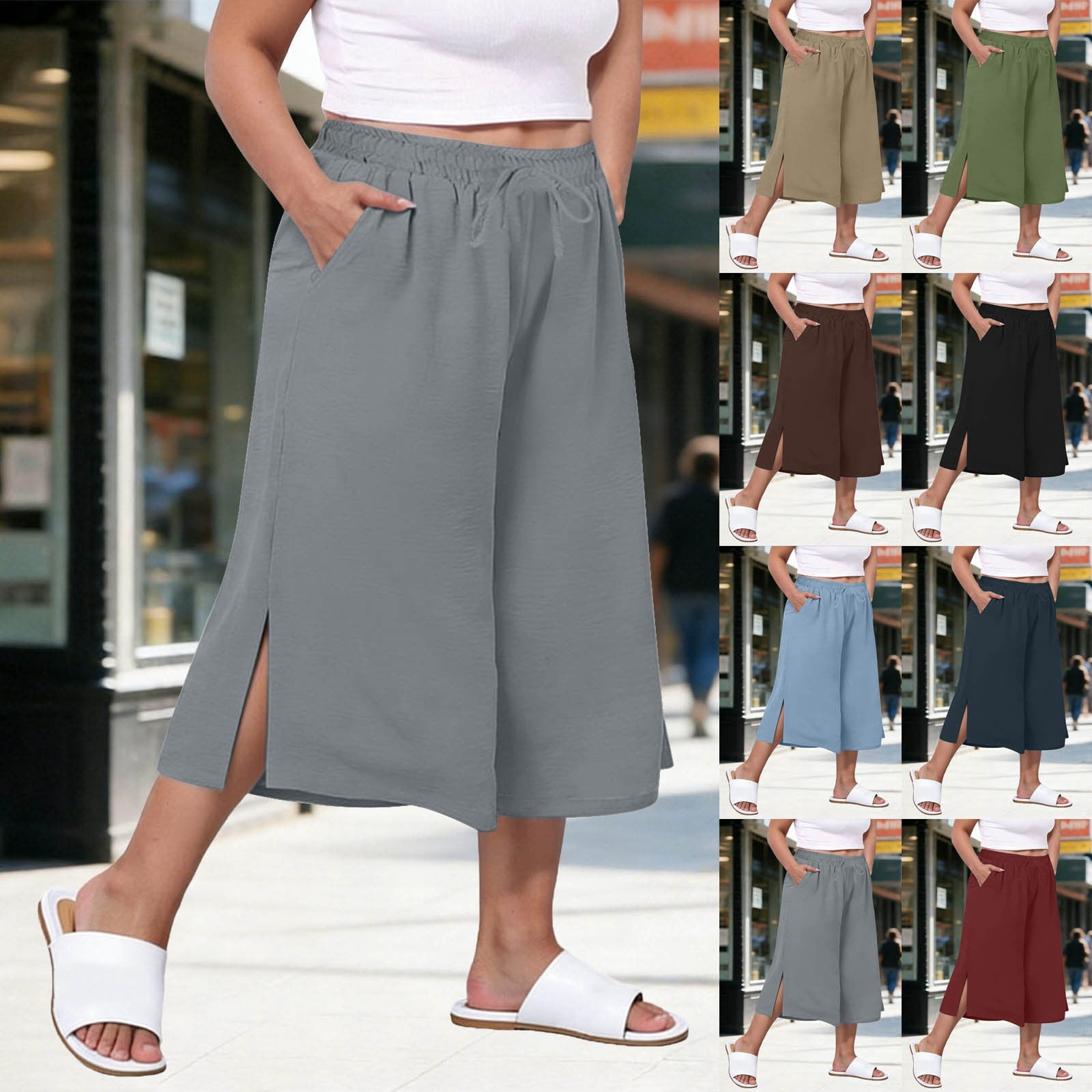 FNFYFH Women's Summer Capris Wide Leg Palazzo Pants Side Split Capri ...