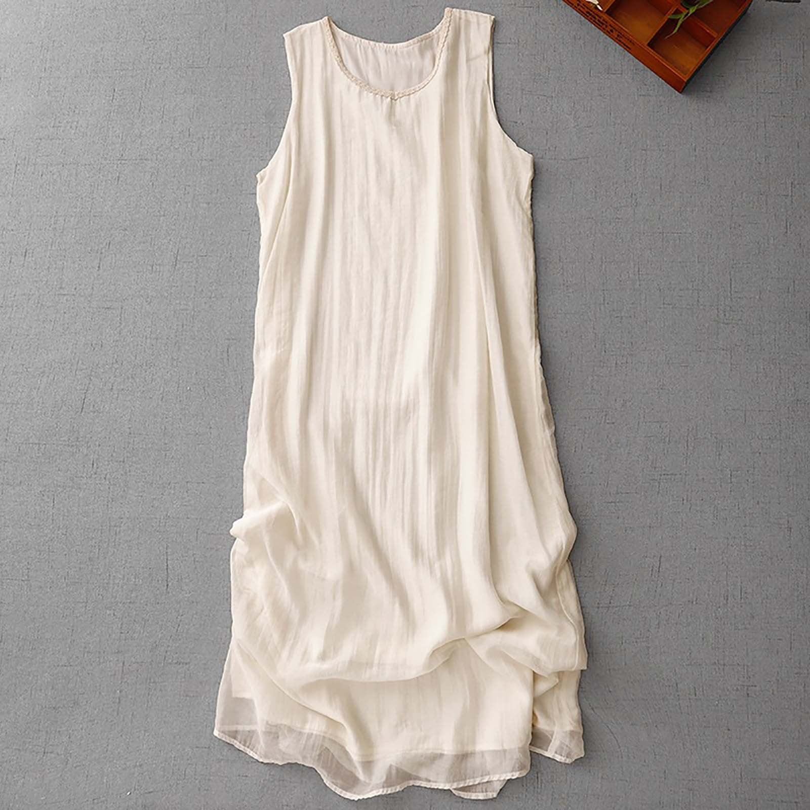FNFYFH Women's Summer Tank Dress Casual Loose Sleeveless Cotton Double ...