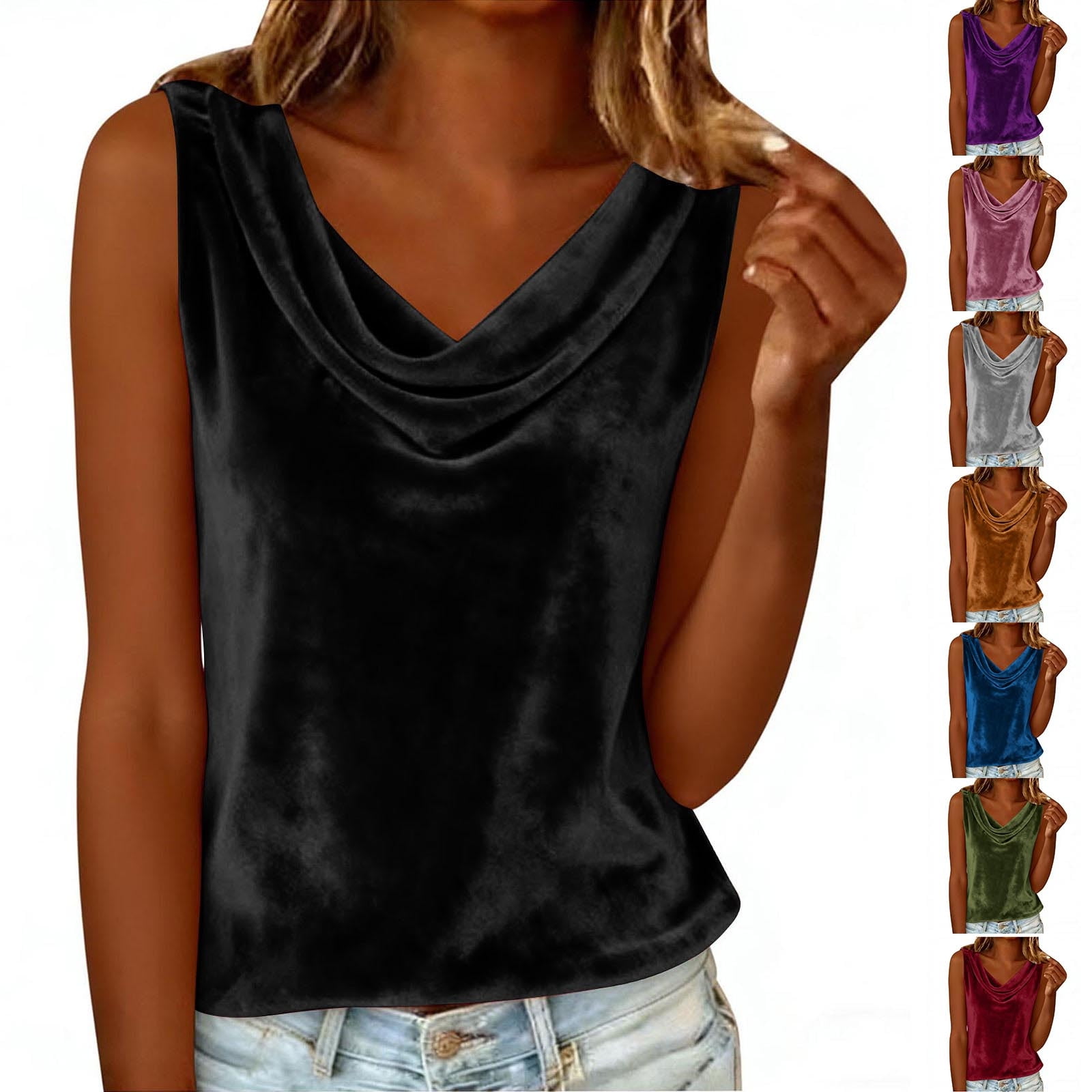 FNFYFH Women's Velvet Tank Tops Elegant Cowl Neck Sleeveless Camisole ...