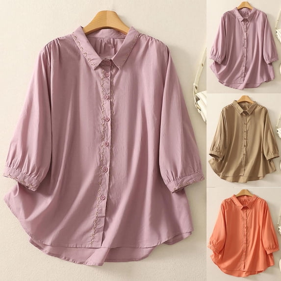 FNFYFH Womens 3/4 Sleeve Collared Tops Embroidered Button Down Shirt ...